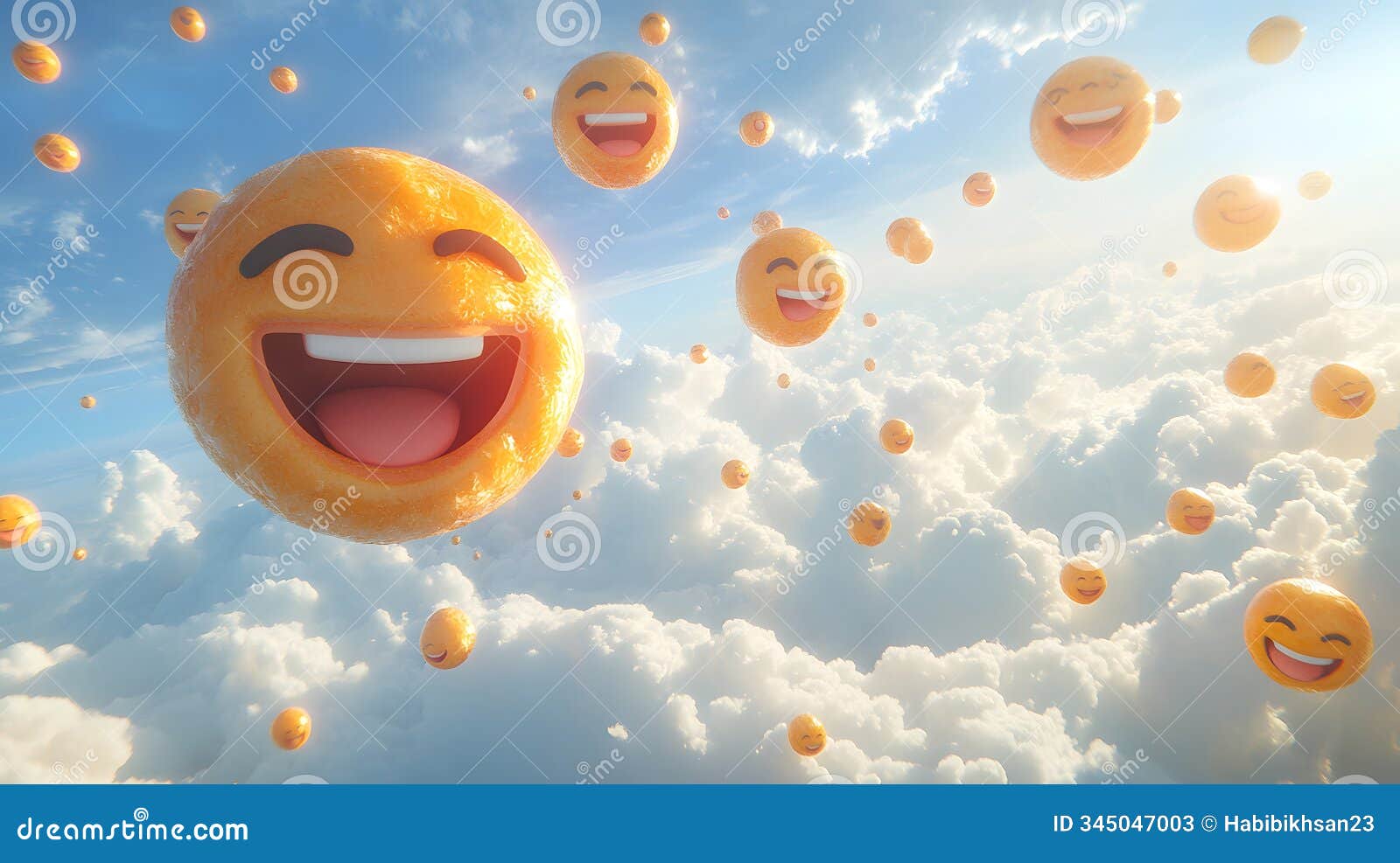 3D Smiling Emojis Floating in a Cloudy Sky Stock Illustration ...