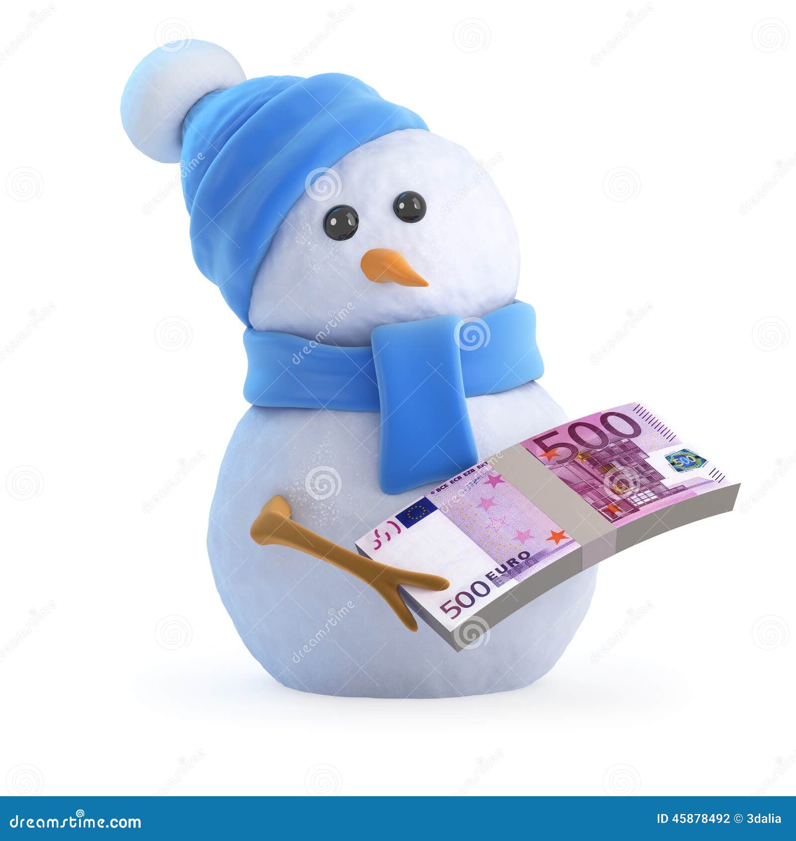 3d Snowman Has a Stack of Euro Bank Notes Stock Illustration ...