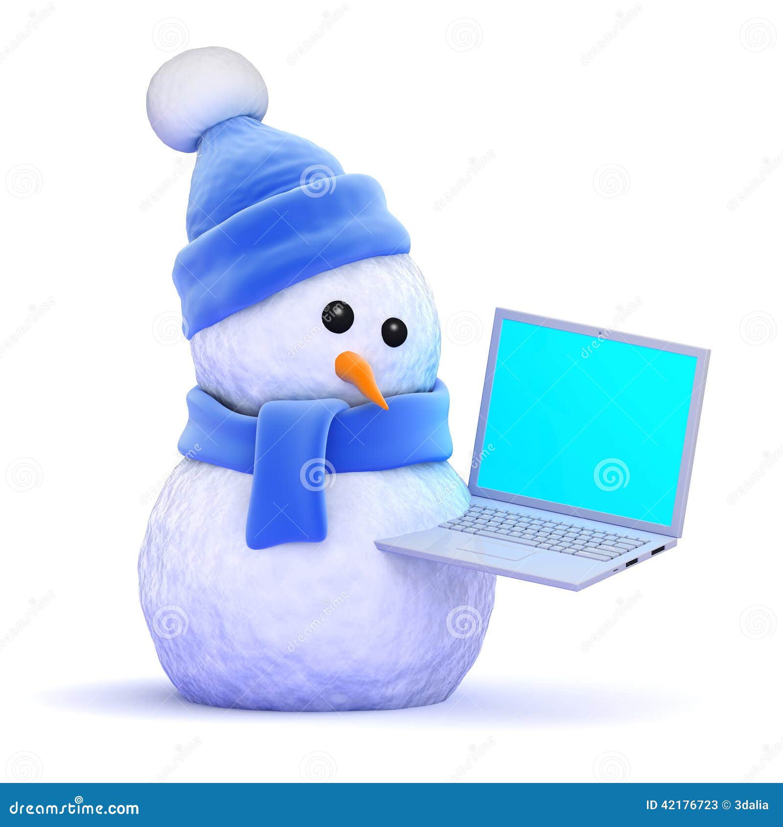 3d Snowman using a laptop stock illustration. Illustration of holidays ...