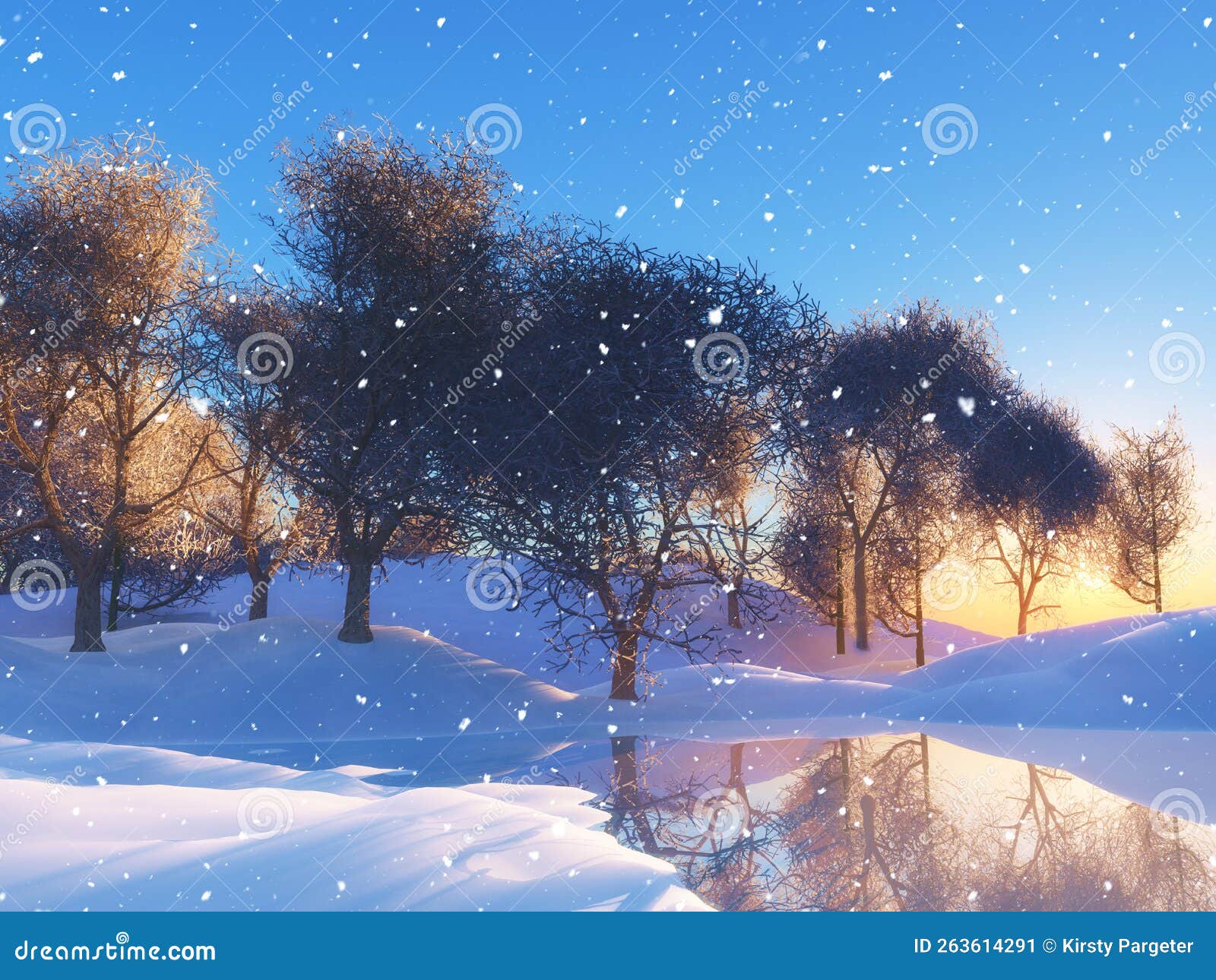 3D Snowy Winter Tree Landscape at Sunset Stock Illustration ...