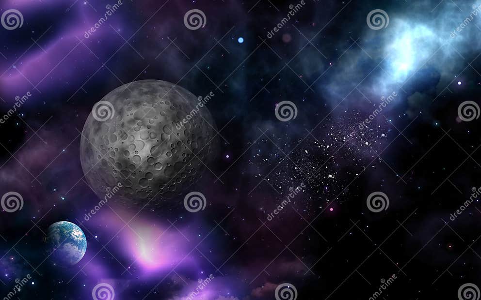3D Space Background with Fictional Moon and Planet Stock Illustration ...