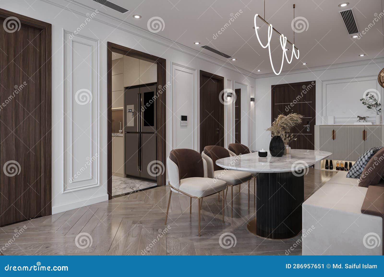 3D Spectacle from Modern Dining Space, Unique Chandelier, Dining Set-up ...