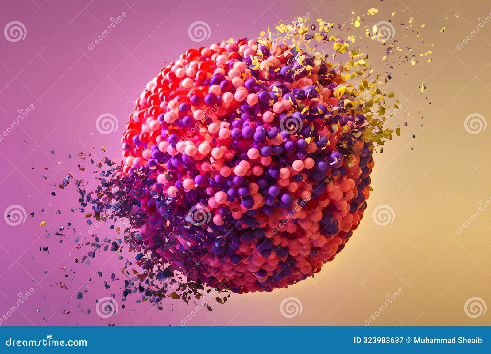 3D Sphere of Colorful Particles, Some Disintegrating, Dynamic Visual ...