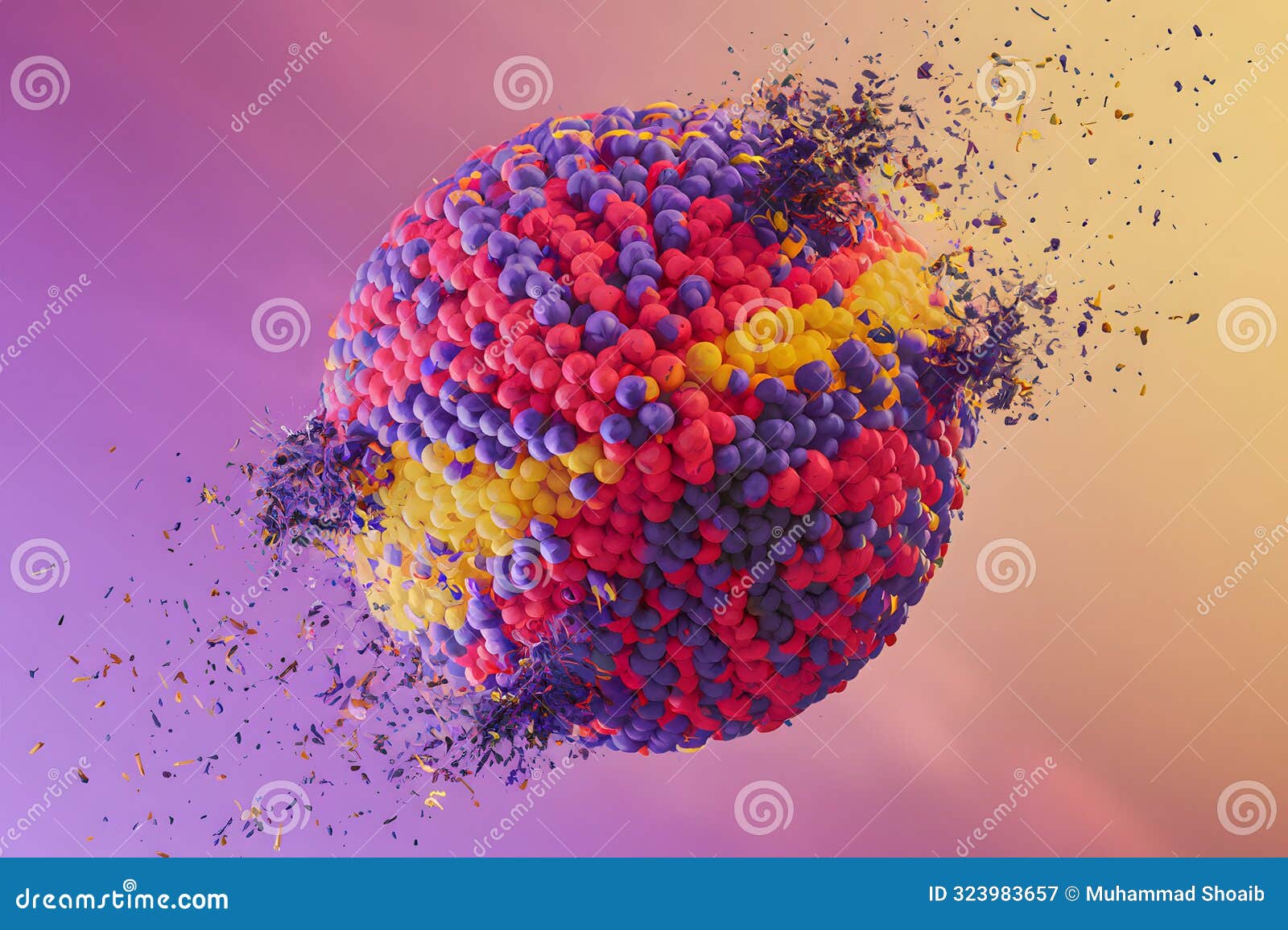 3D Sphere of Colorful Particles, Some Disintegrating, Dynamic Visual ...