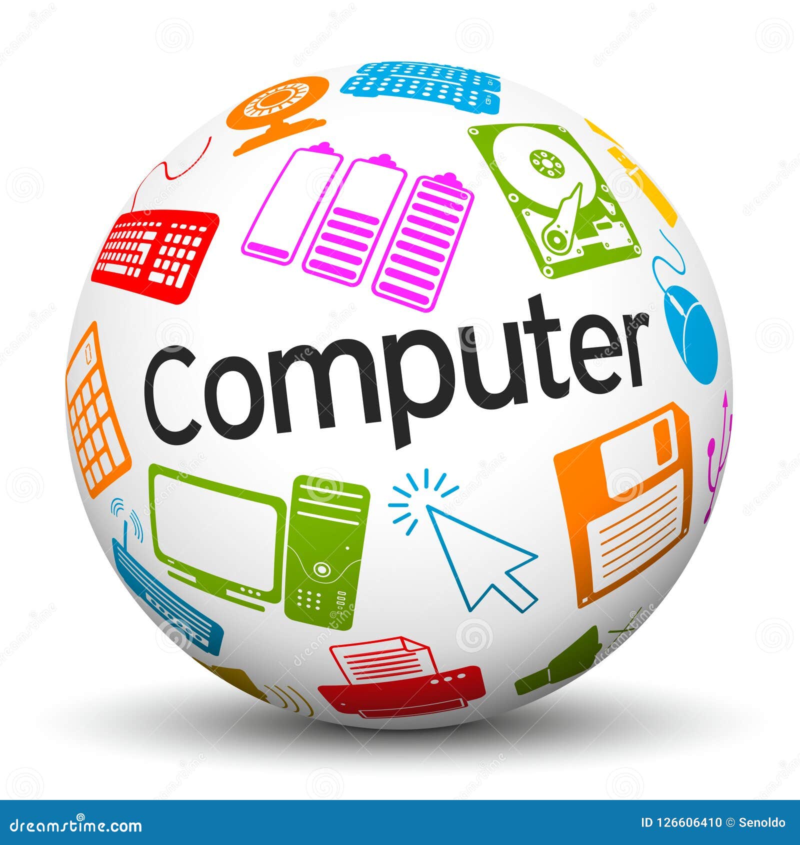 White 3D Sphere with Computer Icons and Text Label Stock Illustration ...