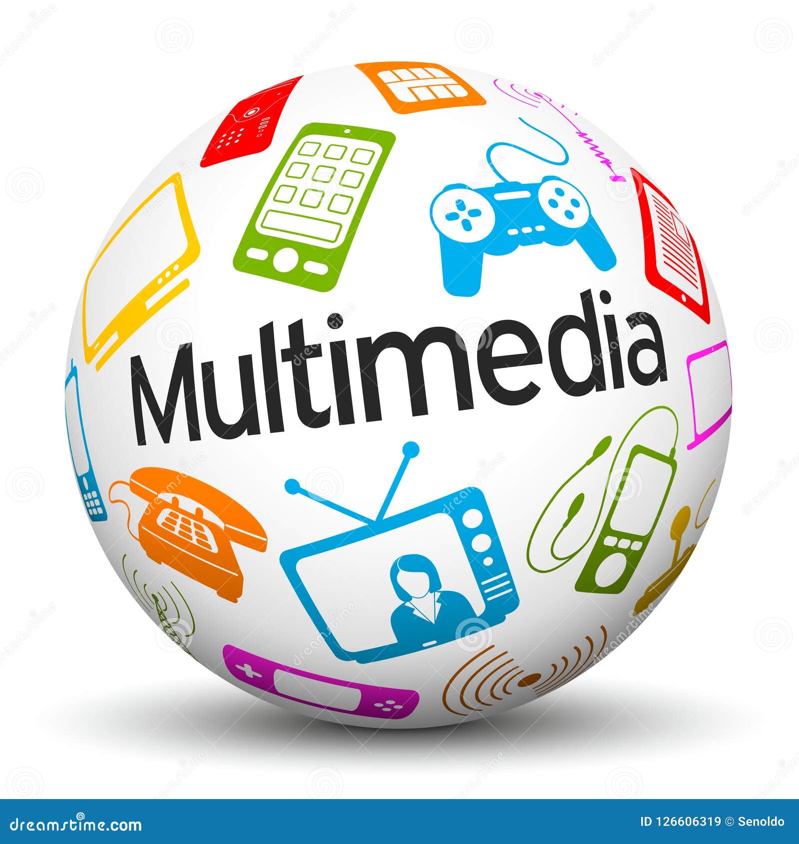 White 3D Sphere with Multimedia Icons and Text Label Stock Illustration ...