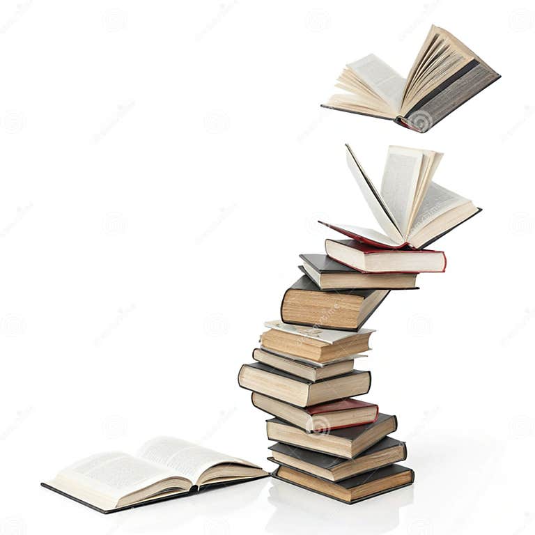 3D Stack of Books Falling Down in Air and One Open Book Icon Isolated ...