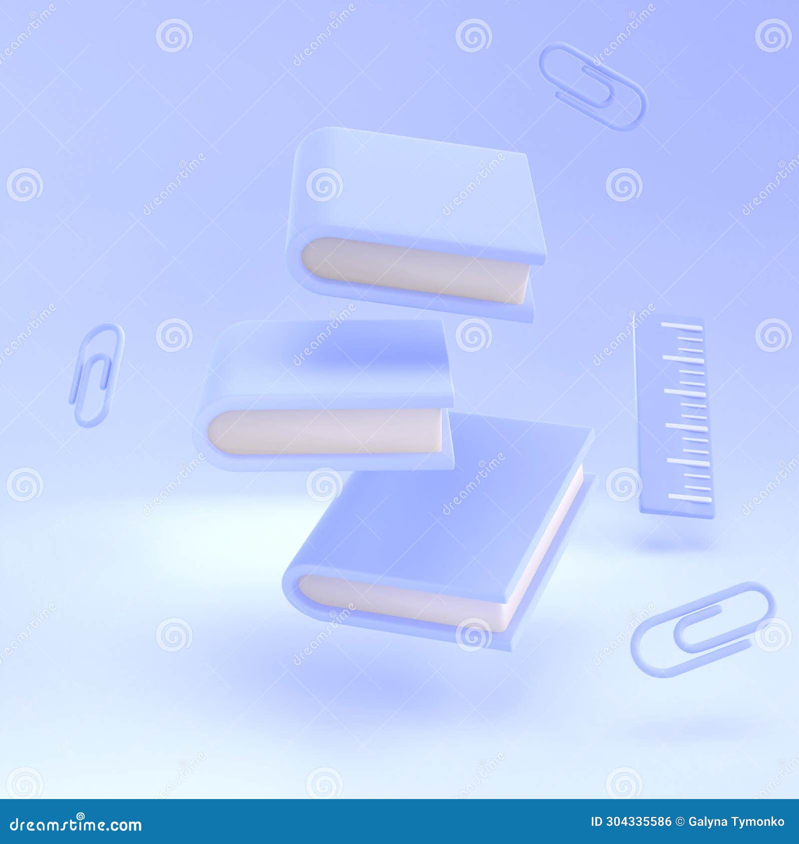 3D Stack of Closed Book and Ruler Falling Down in Air. Render ...
