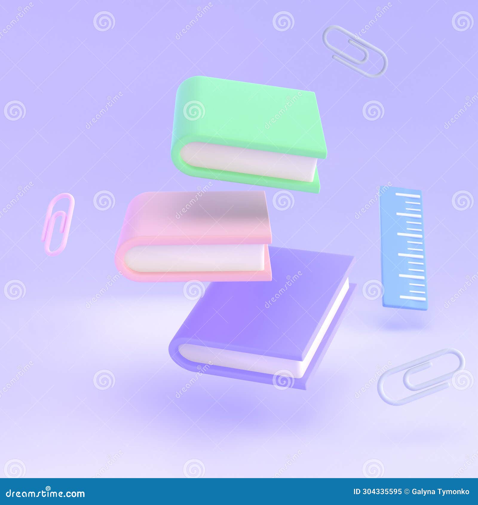 3D Stack of Closed Book and Ruler Falling Down in Air. Render ...