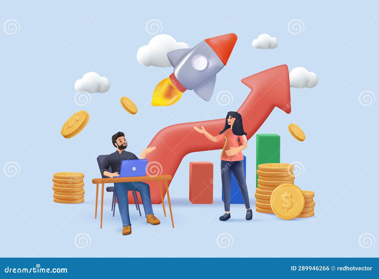 3D Startup Business Team Presenting and Analyzing Sales Growth Chart ...