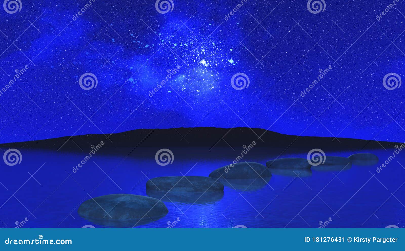 3D Stepping Stones in Ocean Against Night Sky Stock Illustration ...