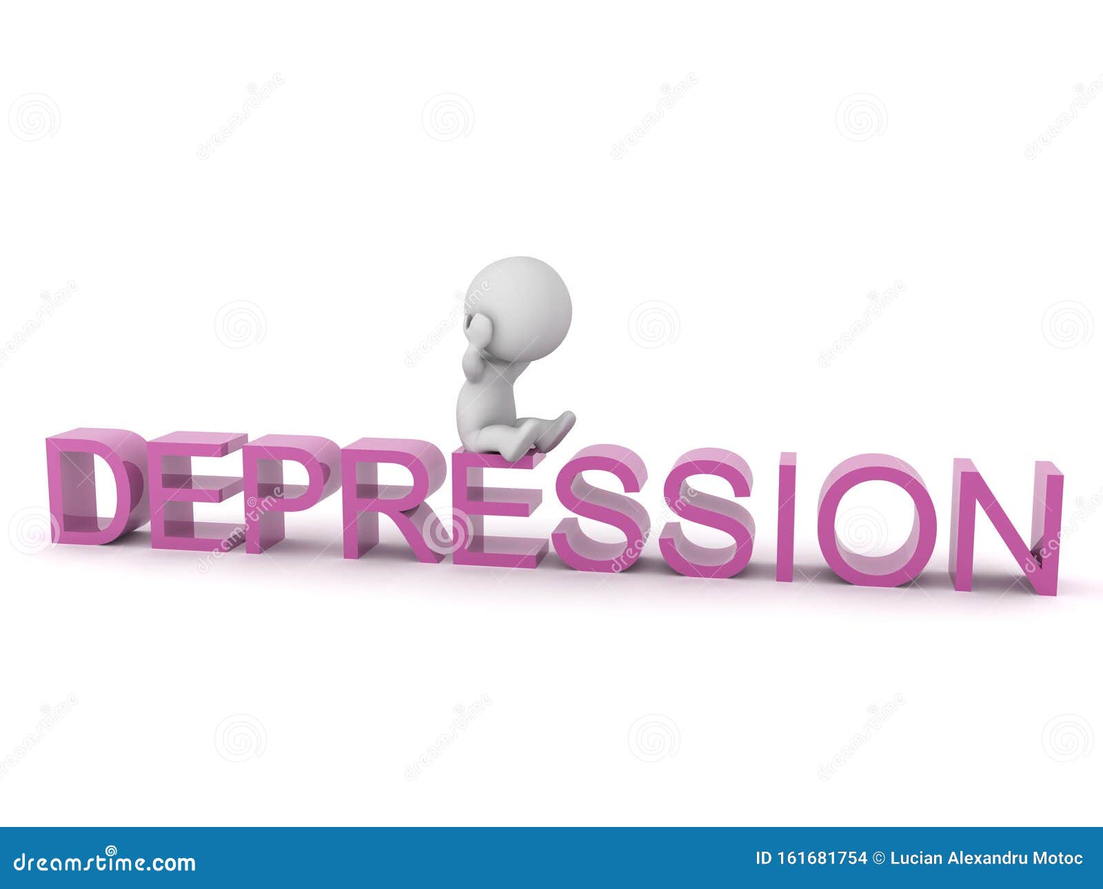 3D Stressed Character Sitting on Text Saying Depression Stock ...