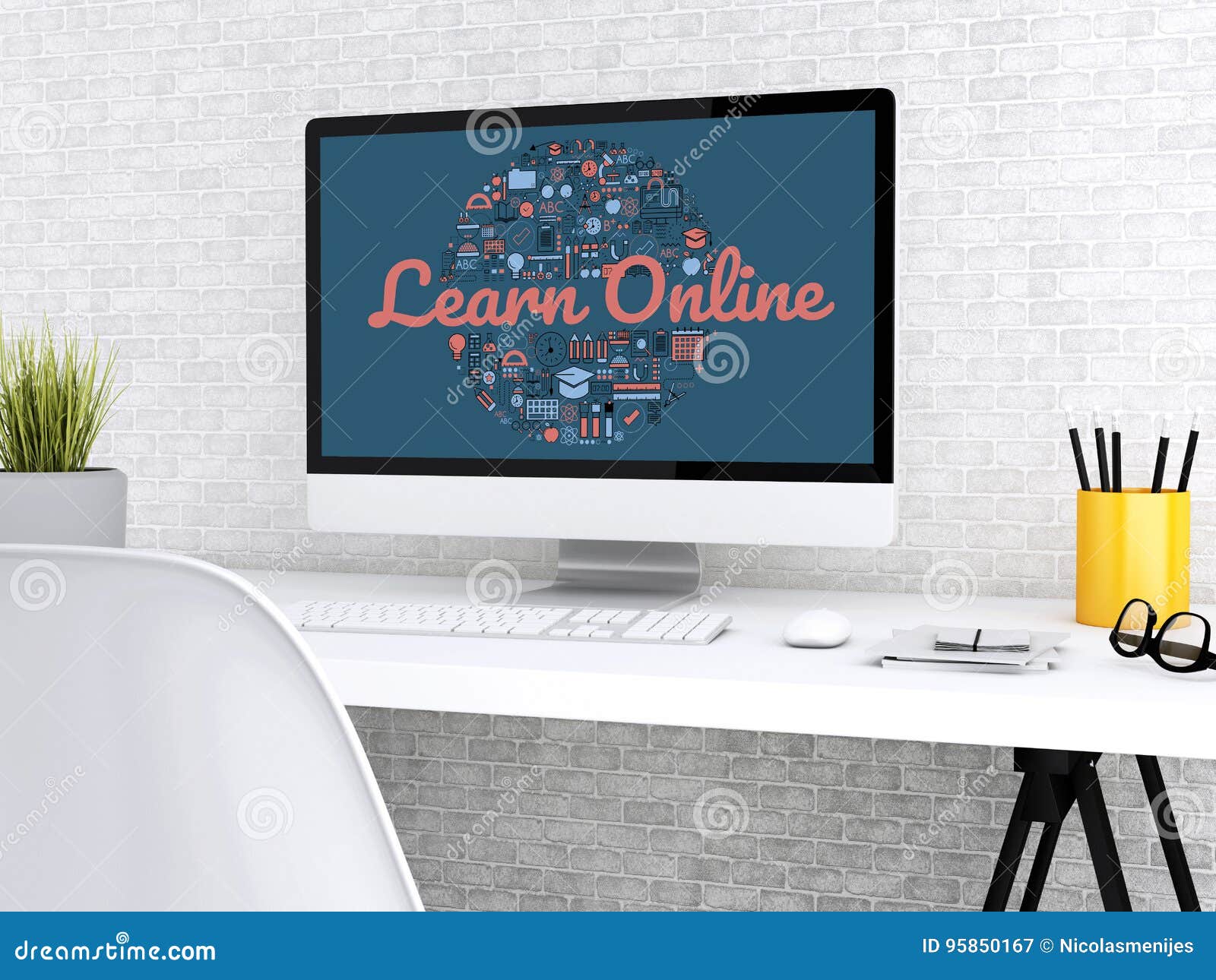 3d Student Workspace with Computer Stock Illustration - Illustration of ...