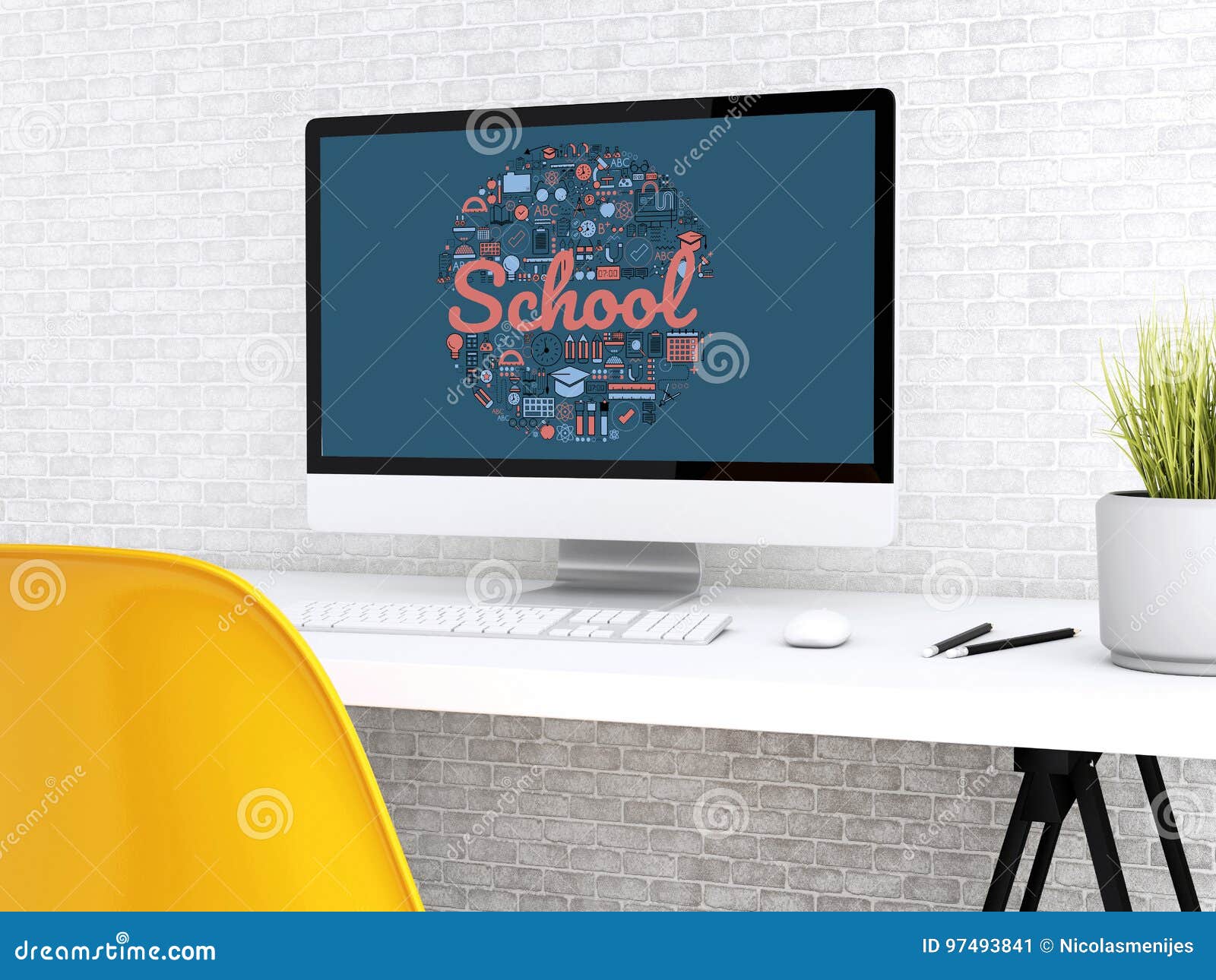 3d Student Workspace with Computer Stock Illustration - Illustration of ...