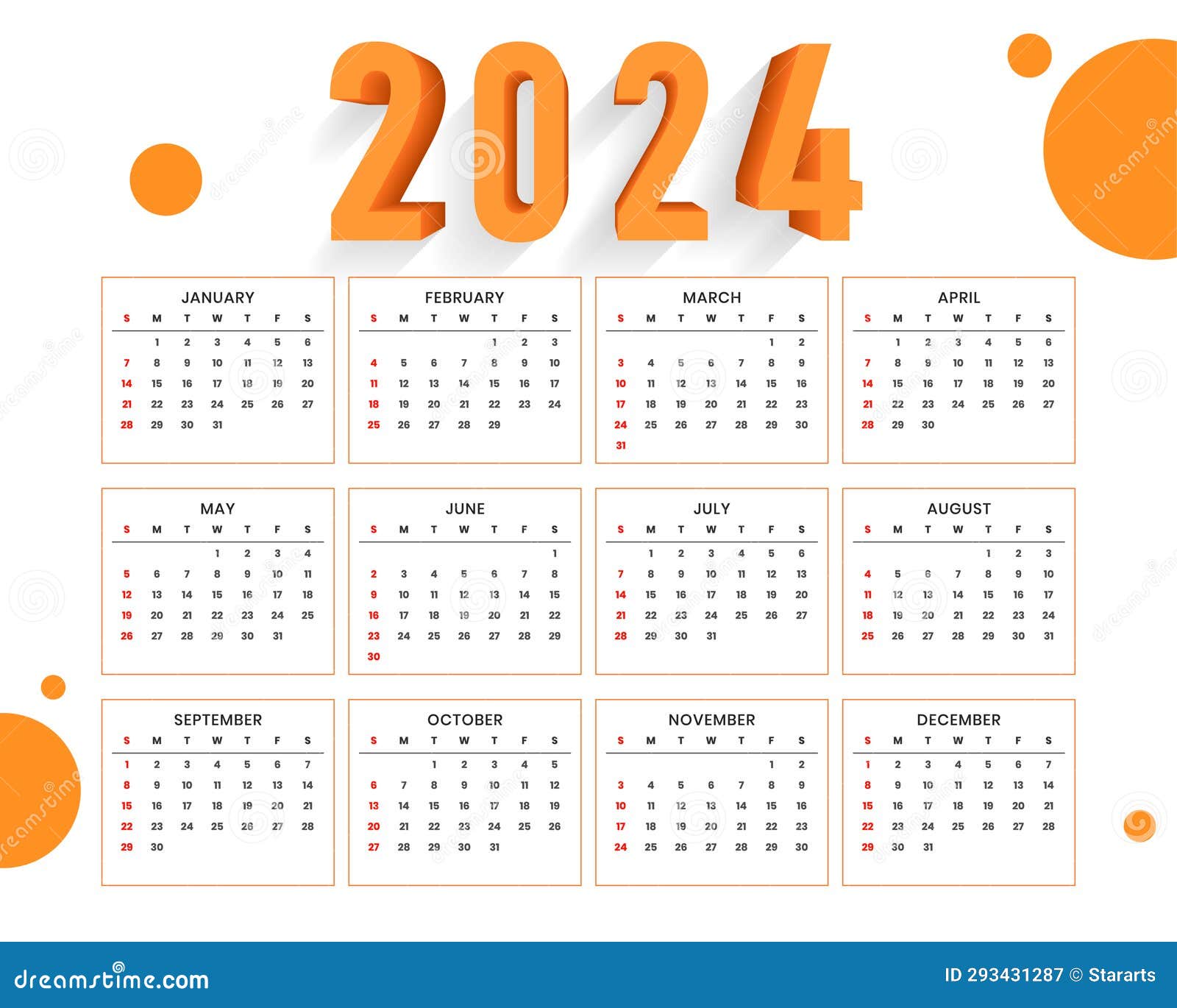 3d Style 2024 Annual Calendar Template Organize Events or Holiday Stock ...