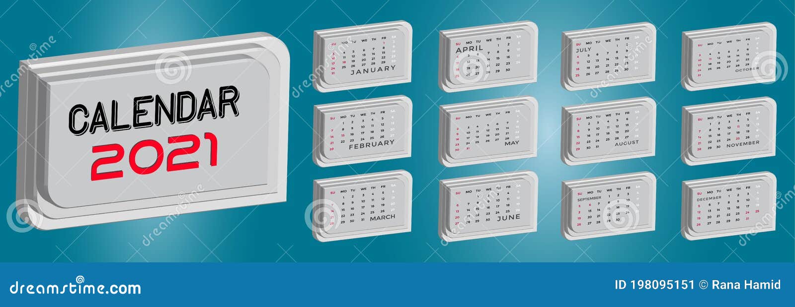 3d Style Calendar Design 2021. 12 Month Included Stock Vector ...