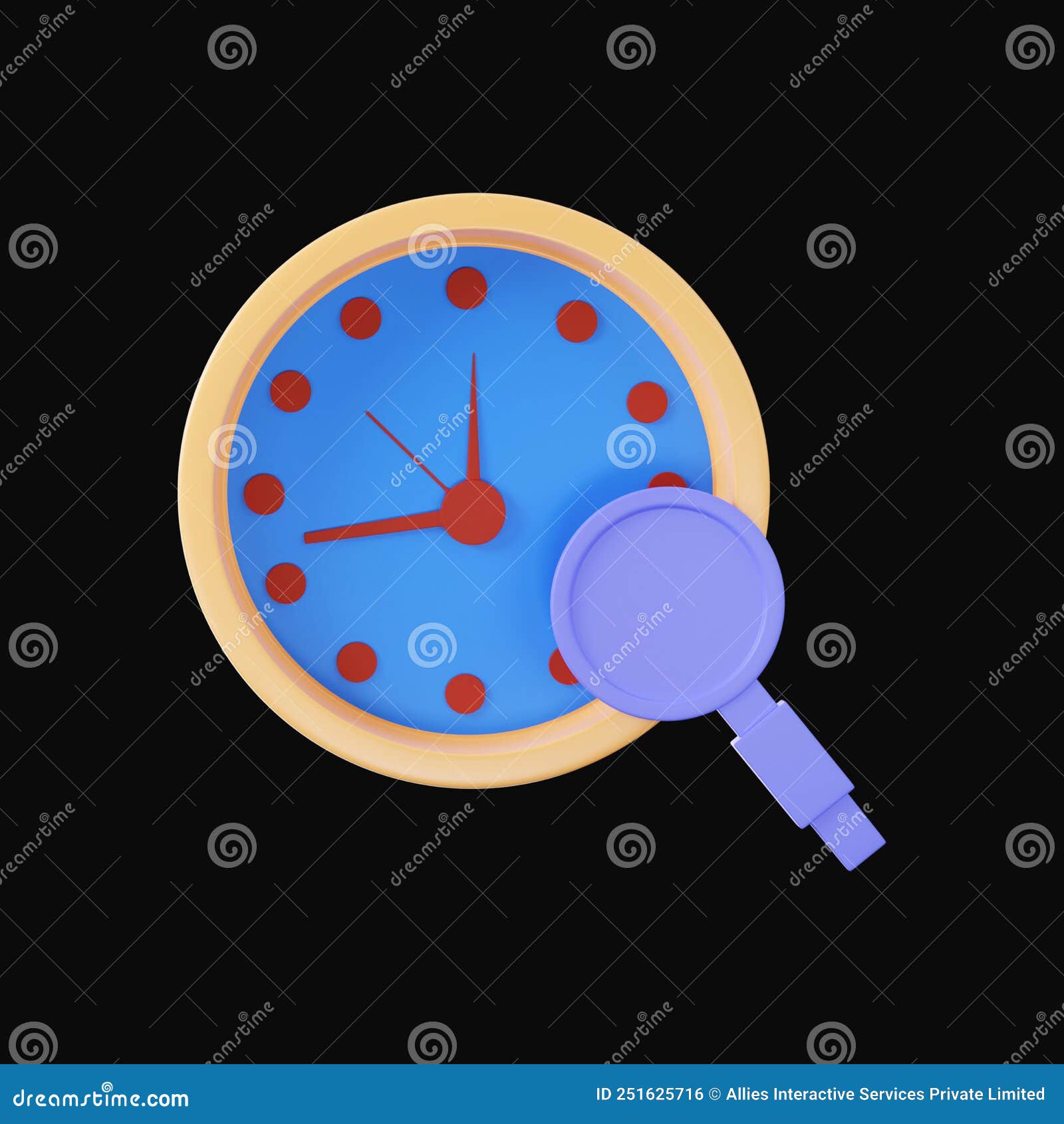 3D Style Clock and Magnifying Glass Over Black Stock Illustration ...