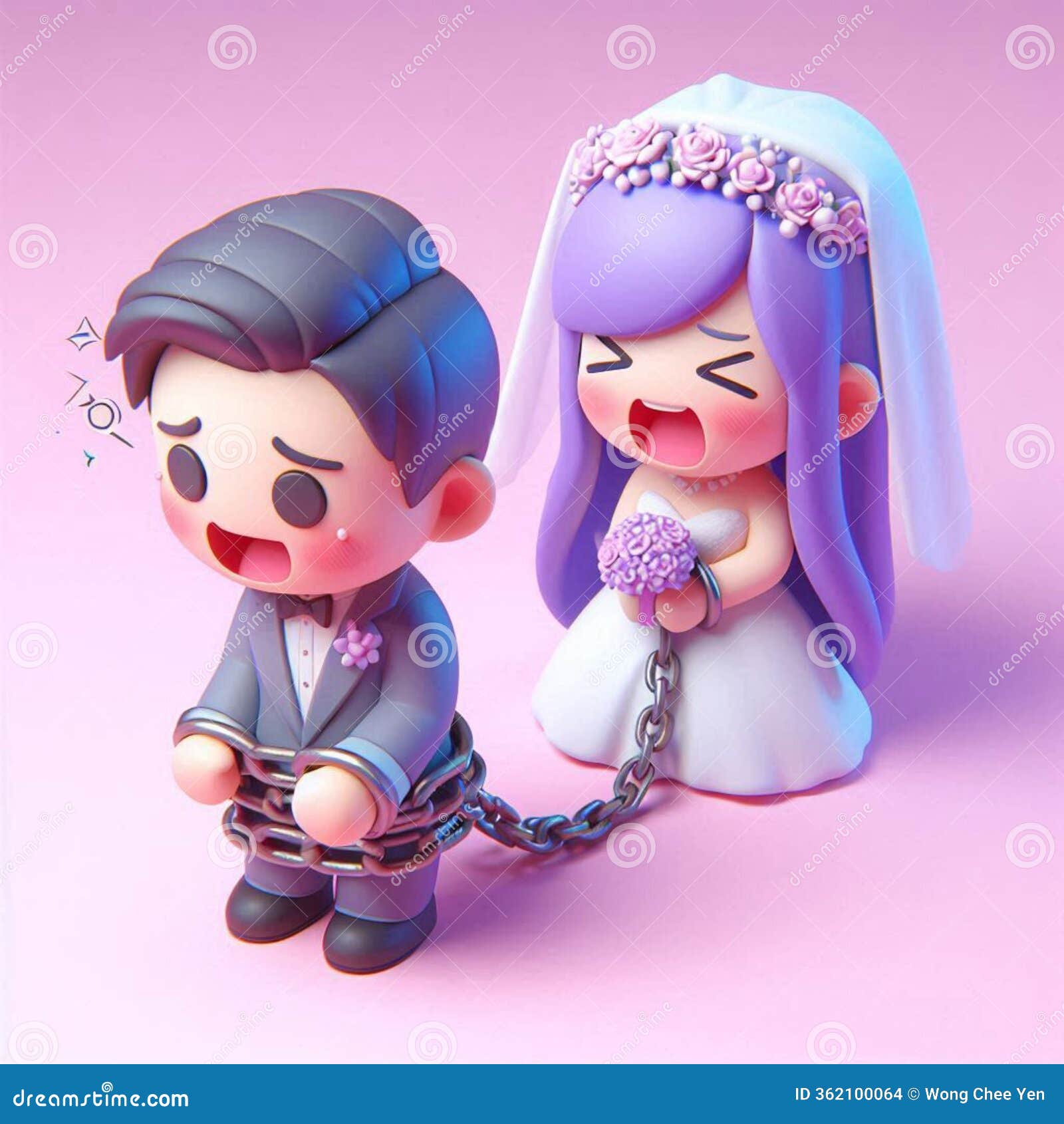 3d Style Scared Chained Groom Crying Bride Commitment Phobia Stock ...