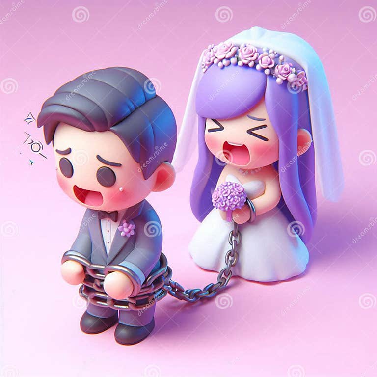 3d Style Scared Chained Groom Crying Bride Commitment Phobia Stock ...