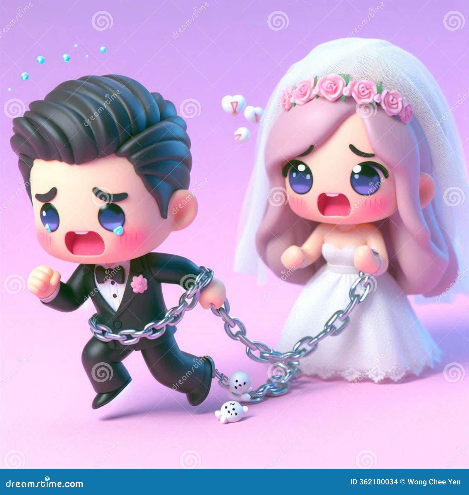 3d Style Scared Chained Groom Run Crying Bride Commitment Phobia Stock ...