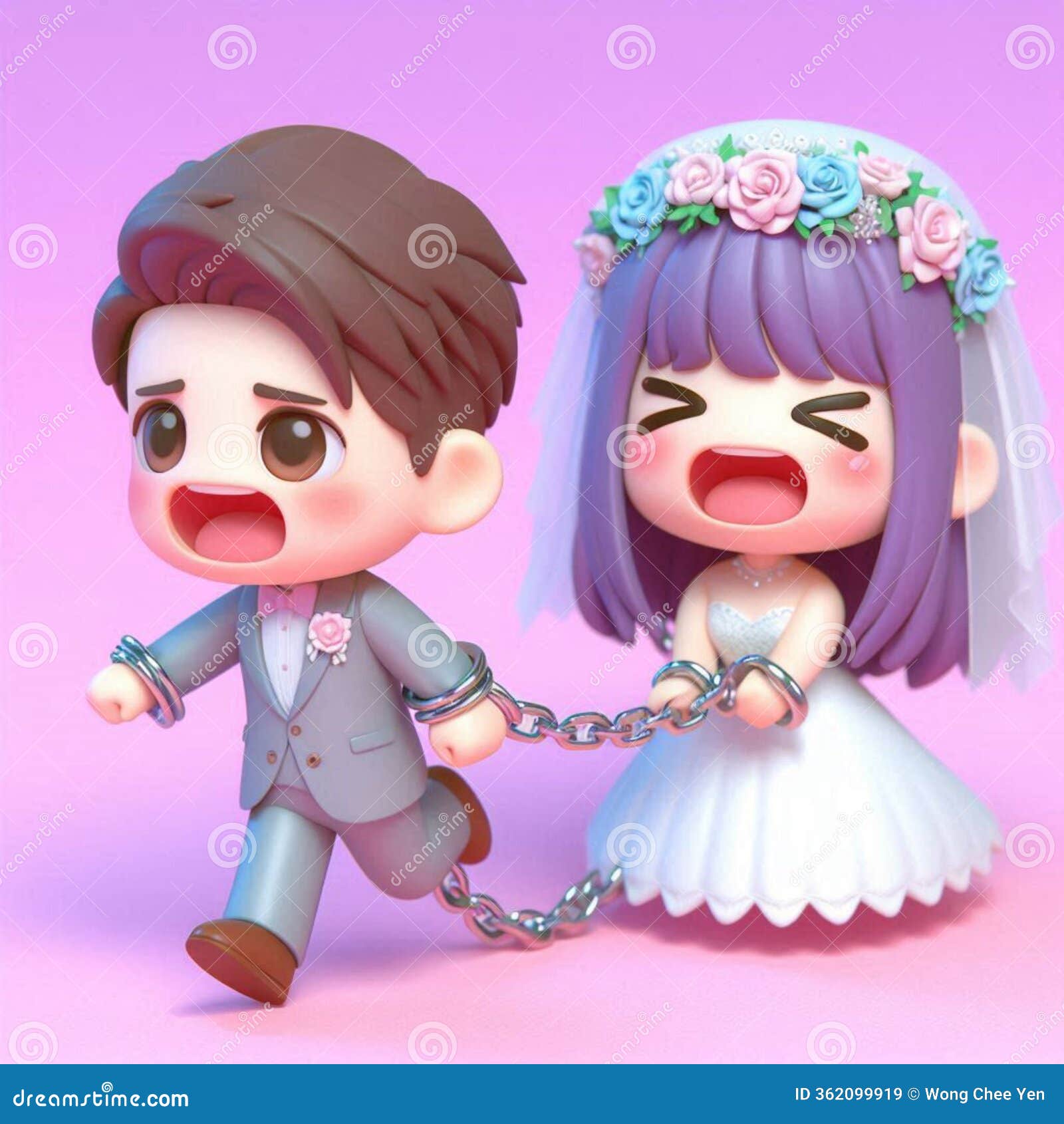 3d Style Scared Chained Groom Run Crying Bride Commitment Phobia Stock ...