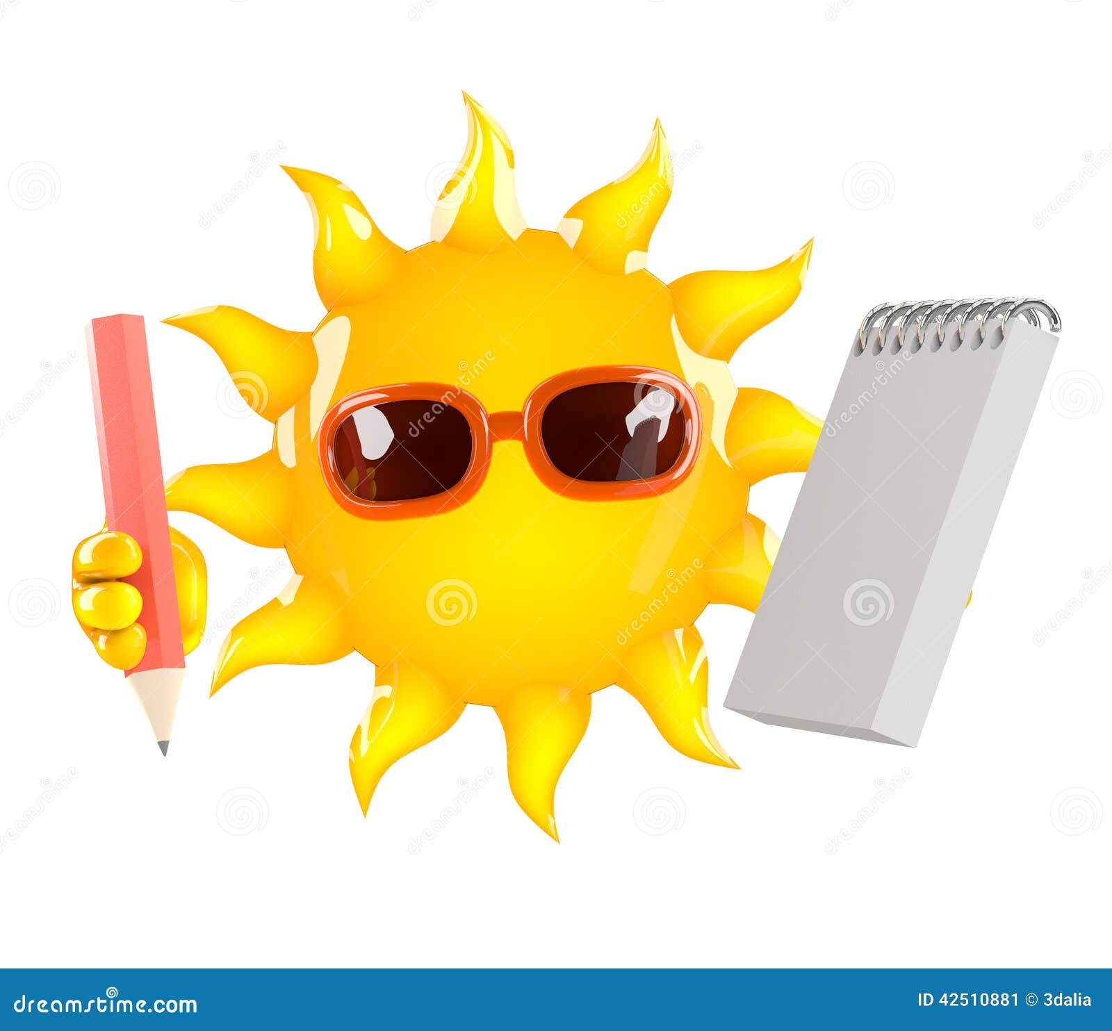 3d Sun Character with a Notepad and Pencil Stock Illustration ...
