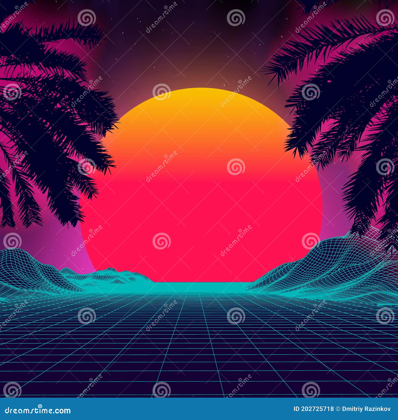 3d Sunset on the Beach. Retro Palms Vector Sci Fi Background. Digital ...