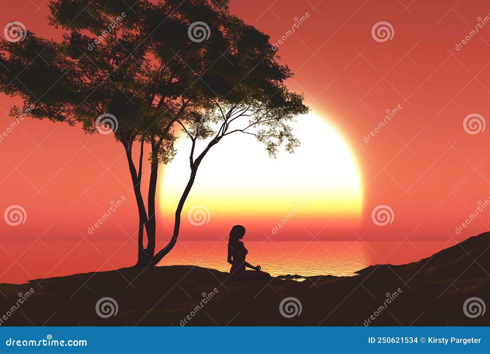 3D Sunset Landscape with Female in Yoga Pose Under a Tree Stock ...