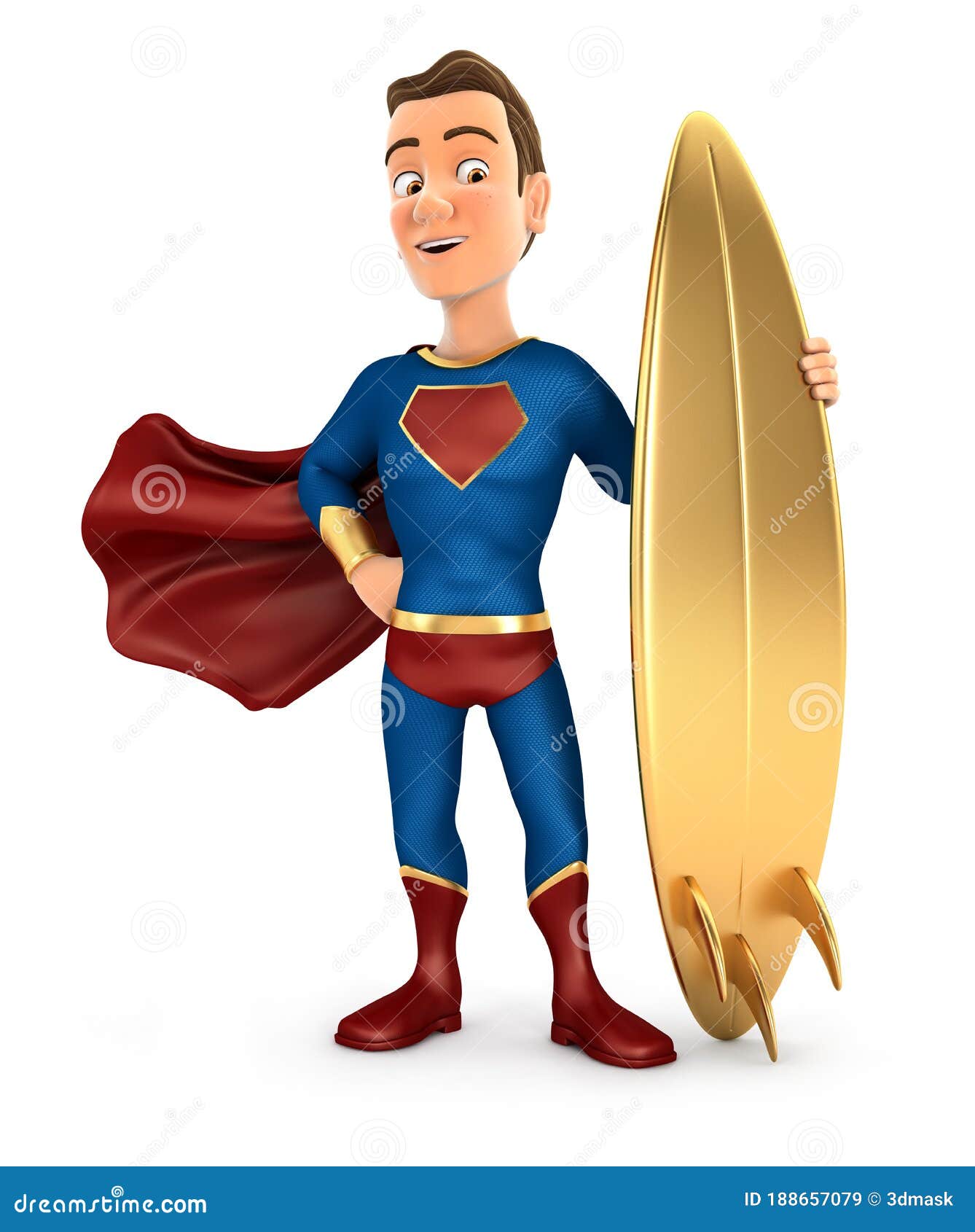 3d Superhero Standing with Golden Surfboard Stock Illustration ...