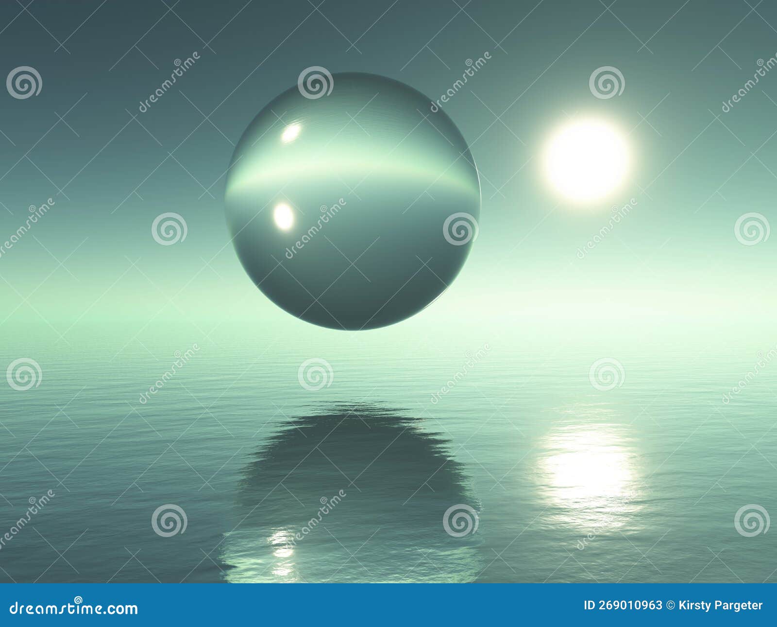 3D Surreal Landscape with Glass Sphere Floating Above the Ocean Stock ...