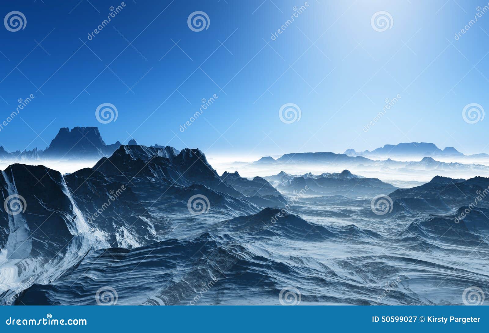 3D Surreal Landscape with Snowy Mountains Stock Illustration ...