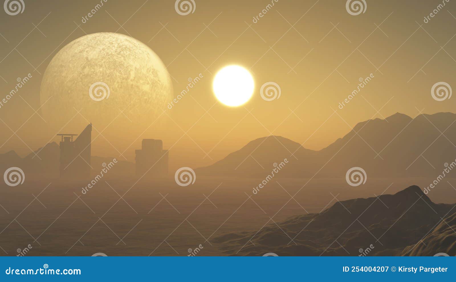 3D Surreal Science Fiction Landscape with Planets and Buildings in ...