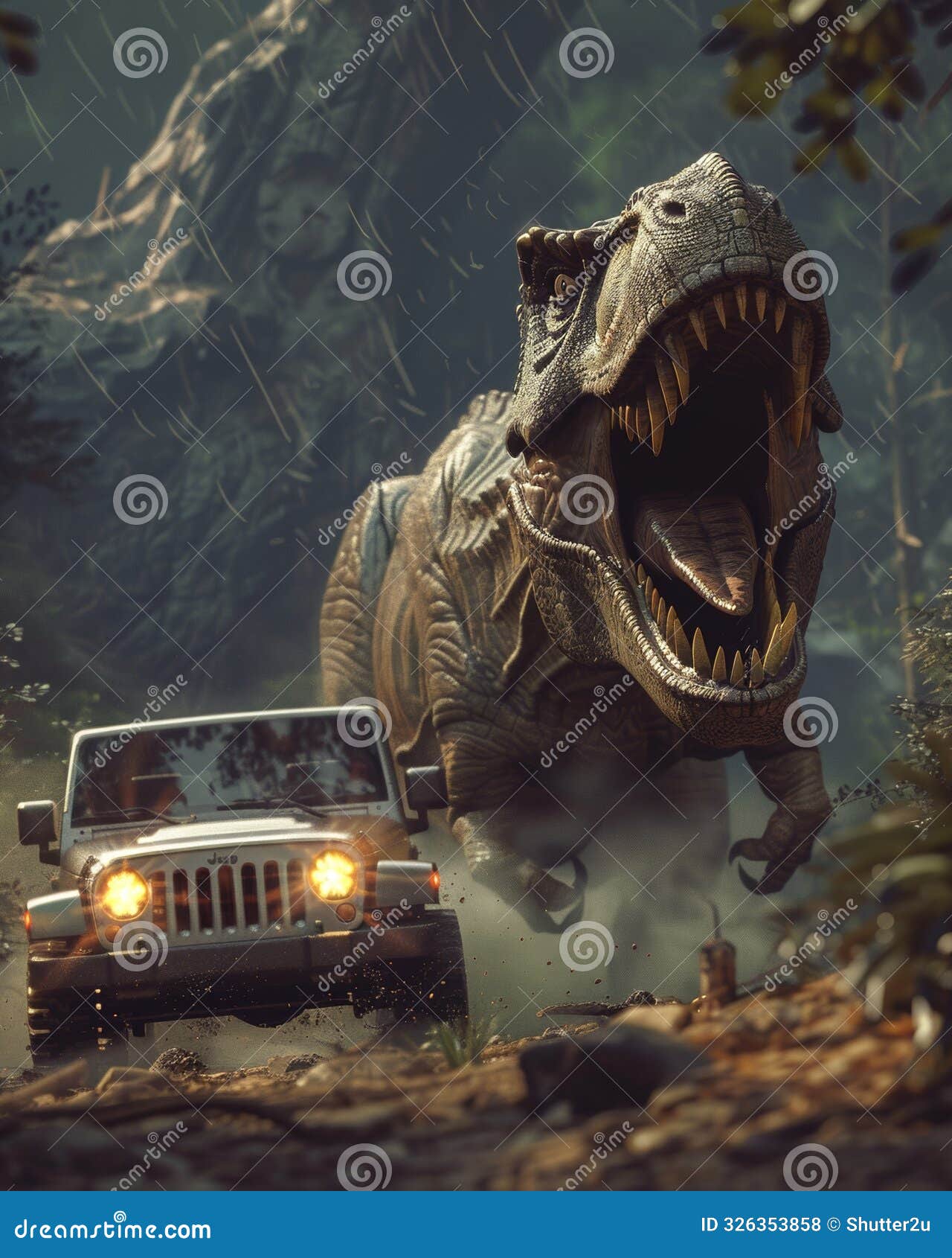 A 3D TRex Chasing a 3D Jeep Stock Illustration - Illustration of chase ...