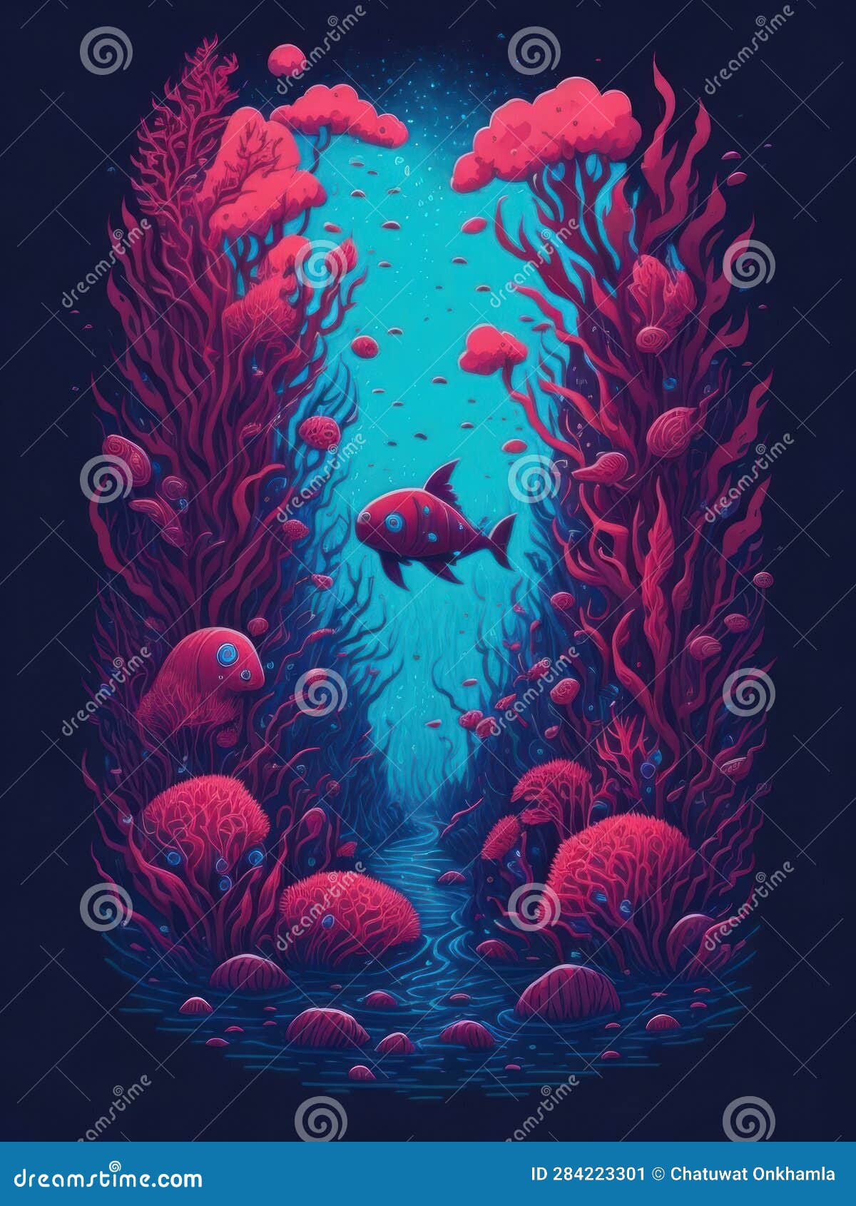 2D T-shirt Screen Design, Underwater World with Corals and Exotic Fish ...