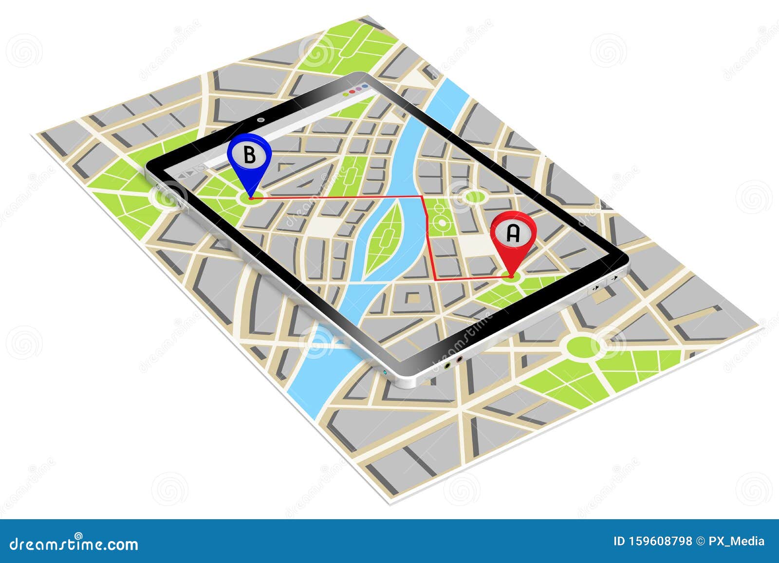 3D Tablet, Map - Route/ Distance Concept Stock Illustration ...
