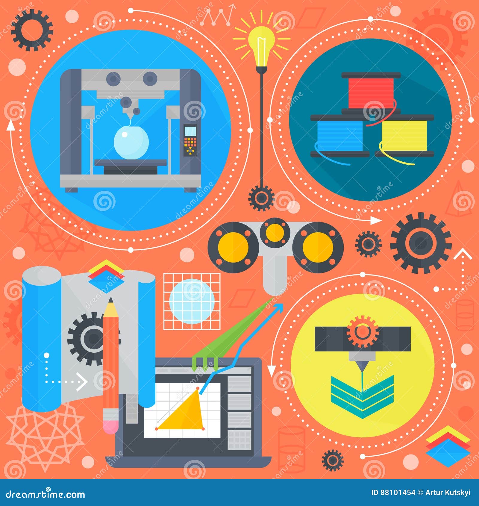 3d Technology Flat Concept 3d Printing And 3d Scanning Flat Icons ...