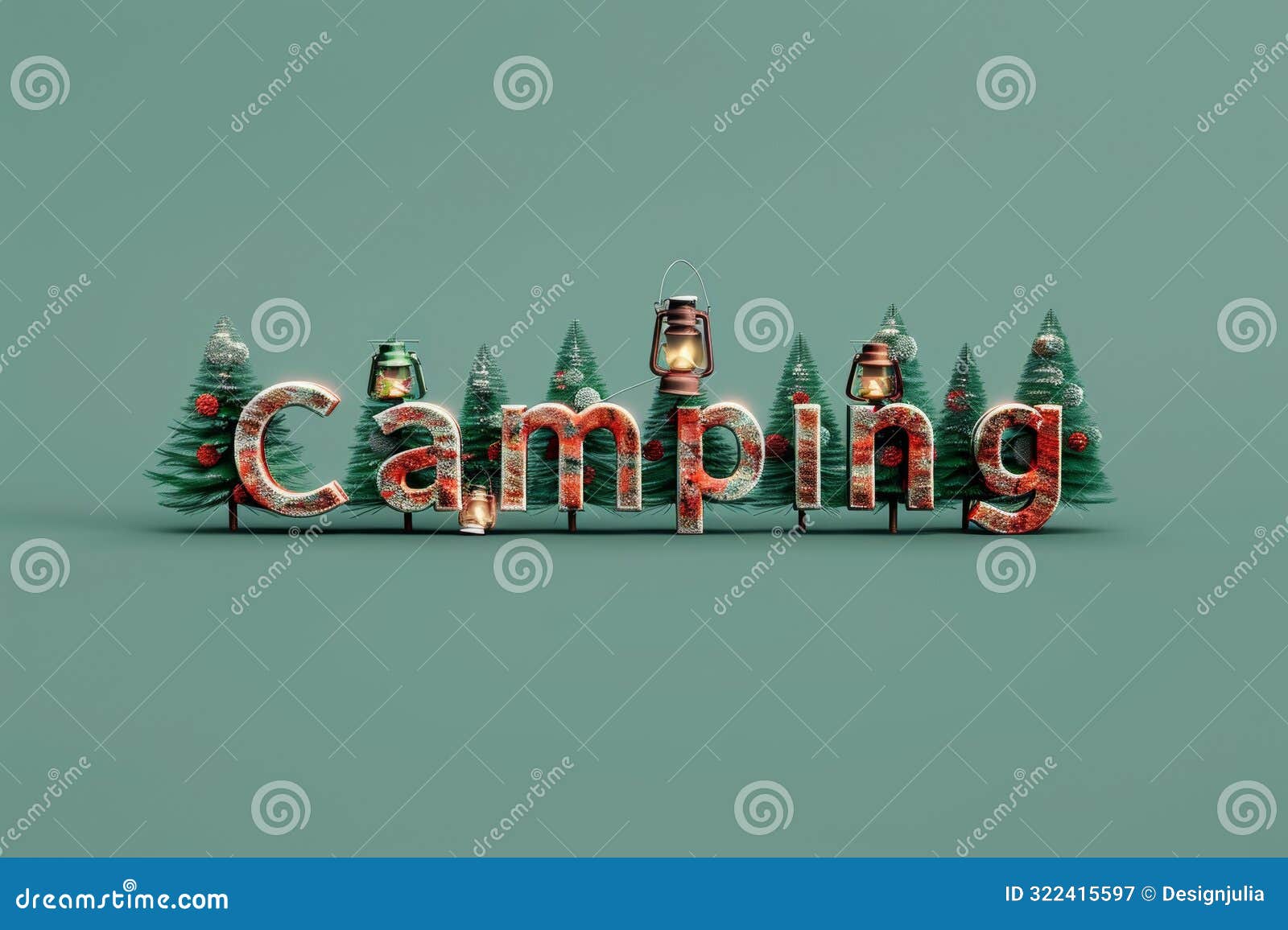 3d Text Camping with Tents, Lanterns, Pine Trees on Light Green ...