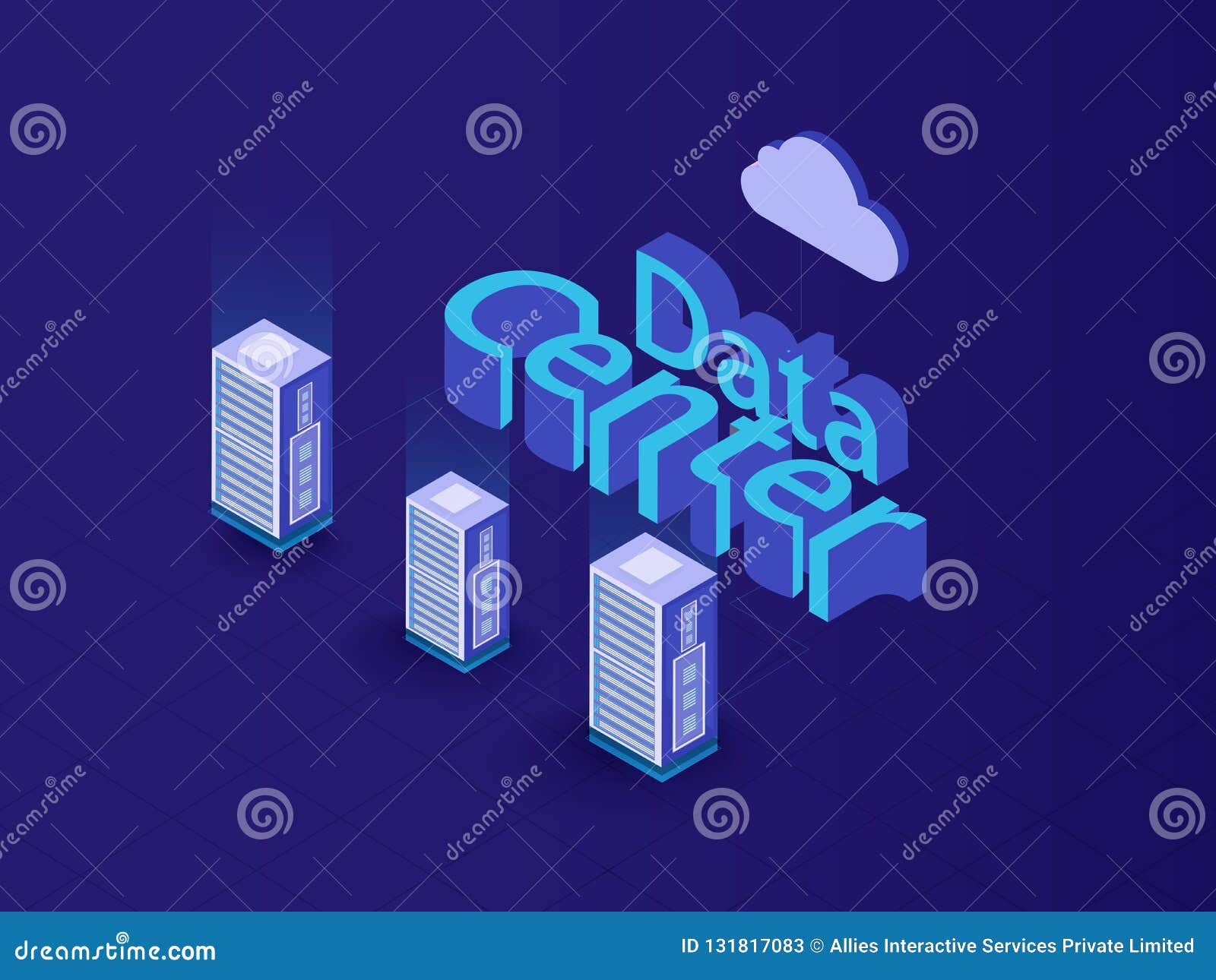 3D Text Data Center with Web Servers on Blue Background Isometric ...
