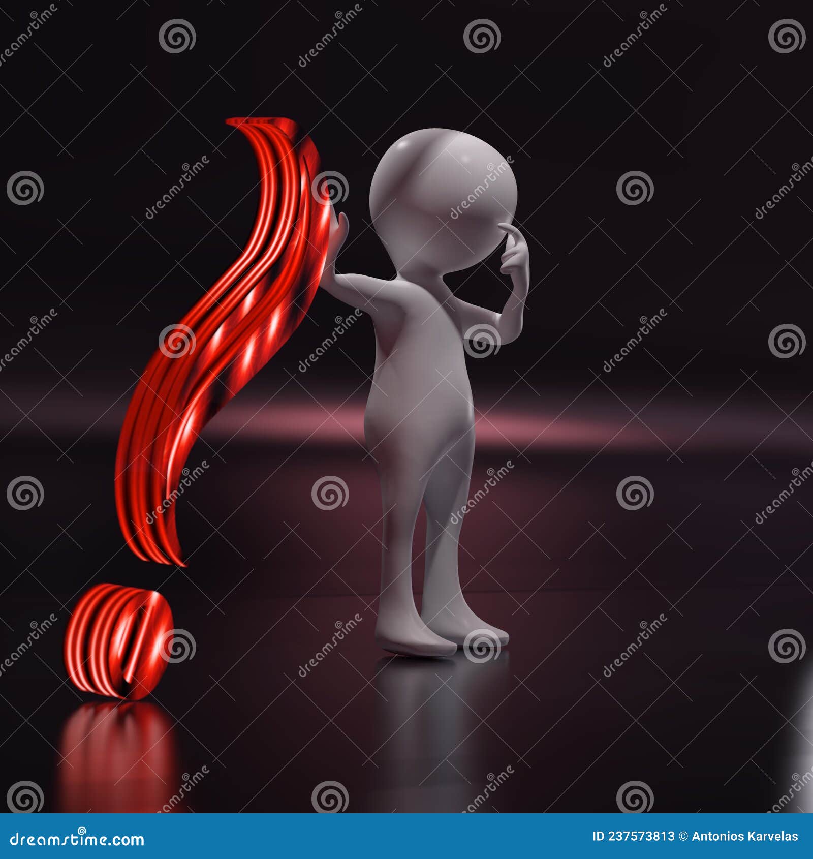 3d Thinking Character Supporting a Big Question Mark Stock Illustration ...