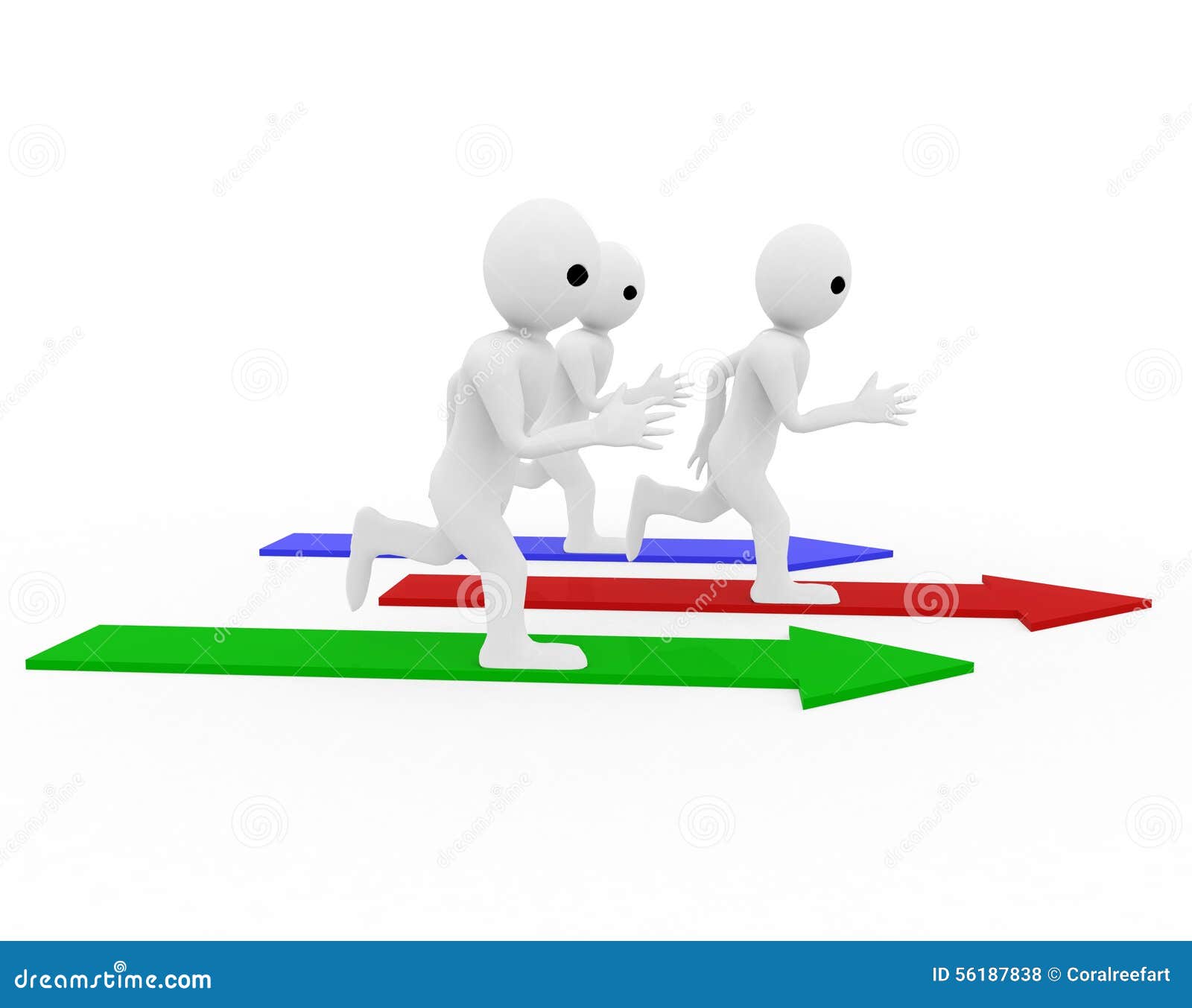 3d Three Men Runiing on Different Arrows in Race Illustration Stock ...