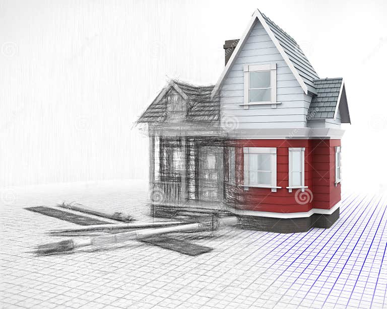 3D Timber House on a Grid with Drawing Instruments with Half in Stock ...