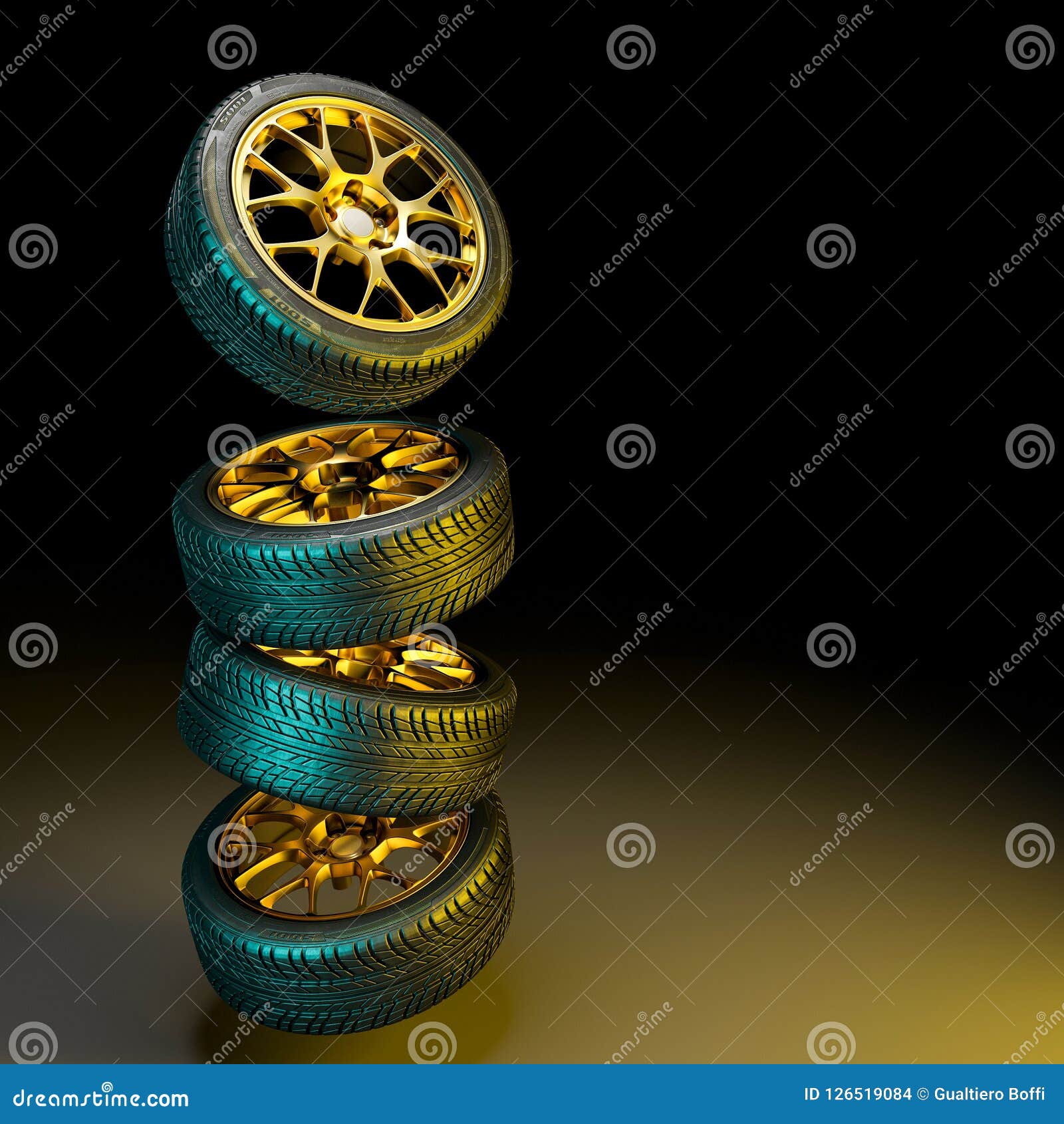 3d tires with golden rims stock illustration. Illustration of black ...