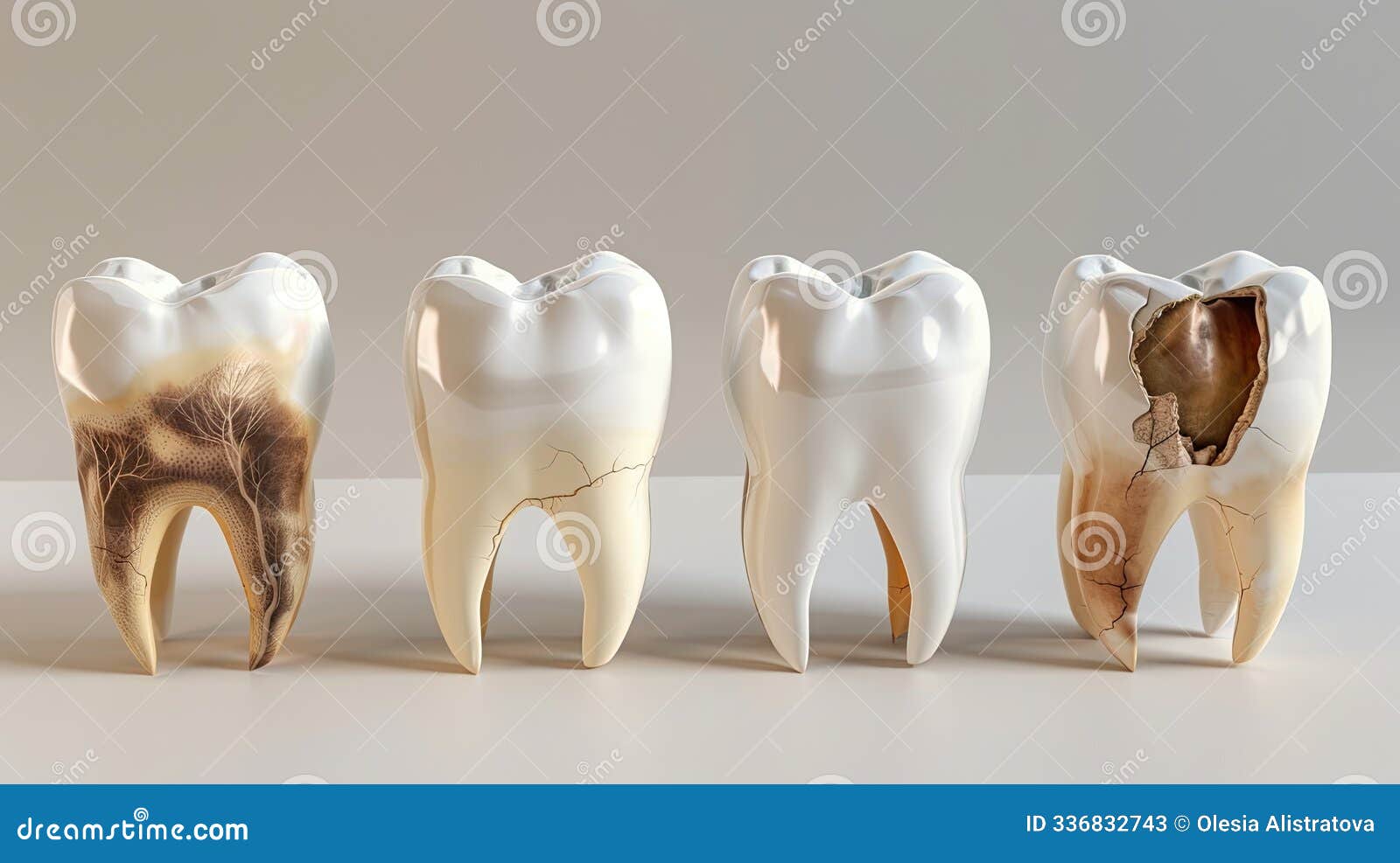 3D Tooth Showing Stages of Decay, Progressive Damage, White, Bright ...