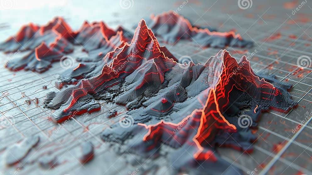 3D Topographical Map with Red Highlighted Ridges Stock Illustration ...