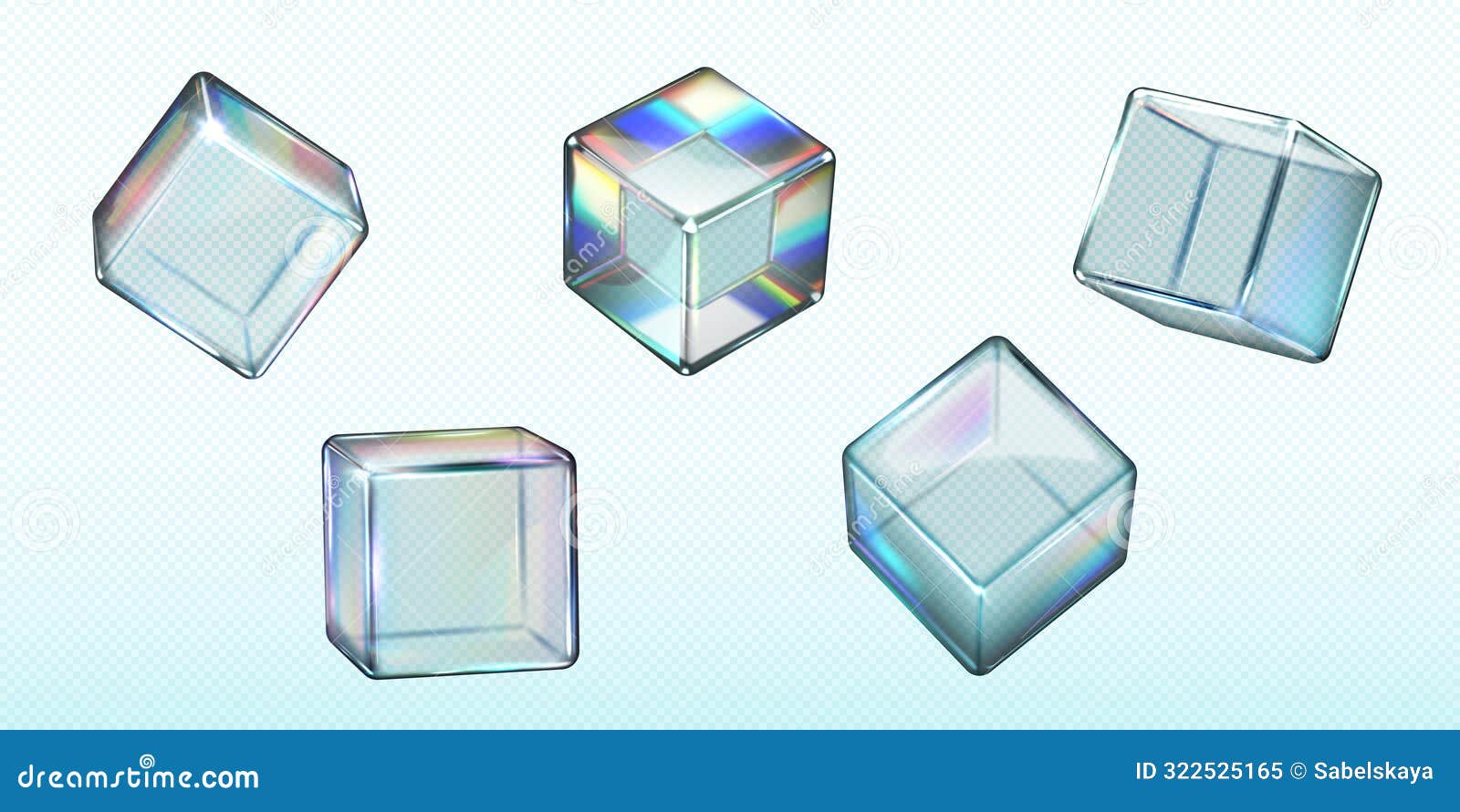 3D Transparent Glossy Crystal Cubes with Holographic Dispersion Effect Vector Set, Render ...