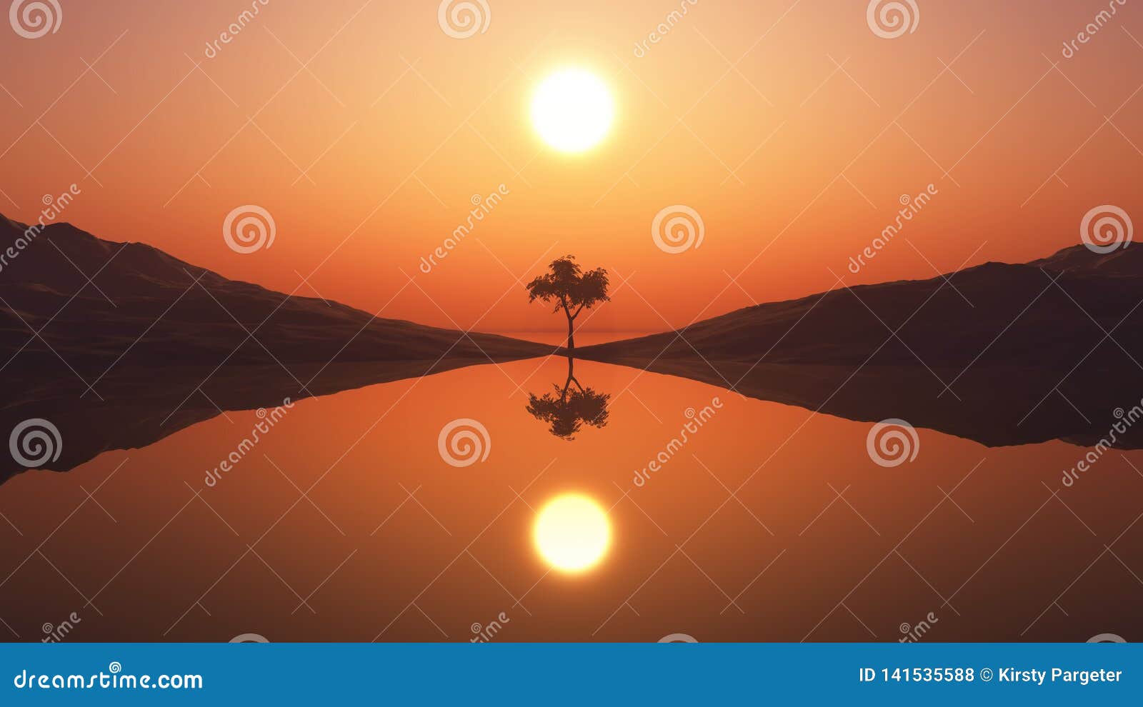 3D Tree in Sunset Landscape Stock Illustration - Illustration of render ...