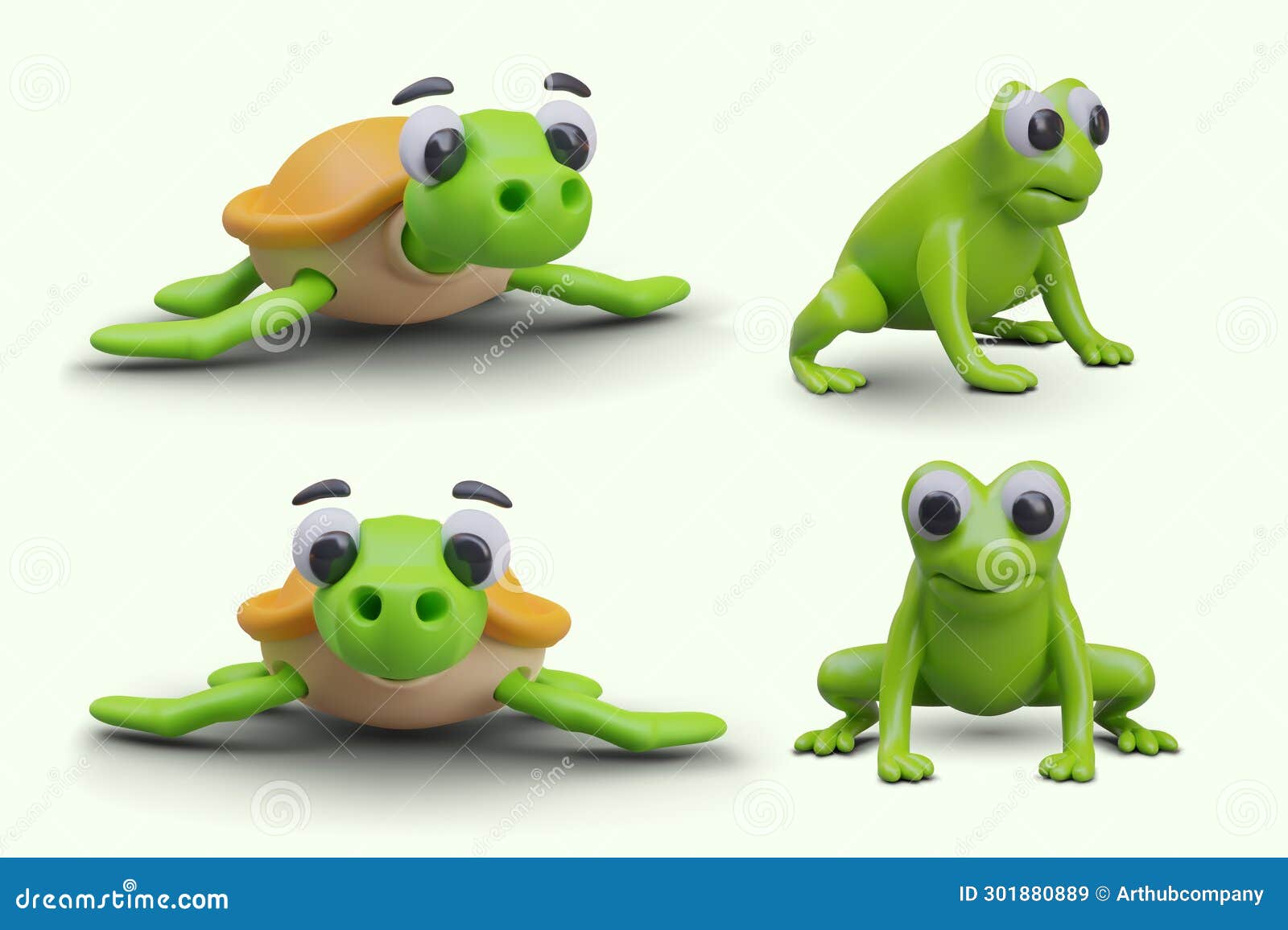3D Turtle and Frog in Different Positions. Front and Side View Stock ...