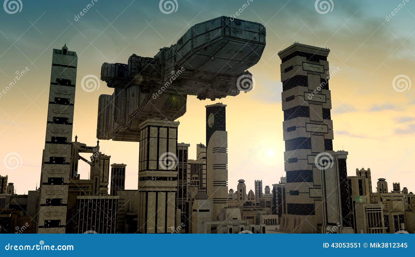 3d UFO and city stock illustration. Illustration of spaceship - 43053551