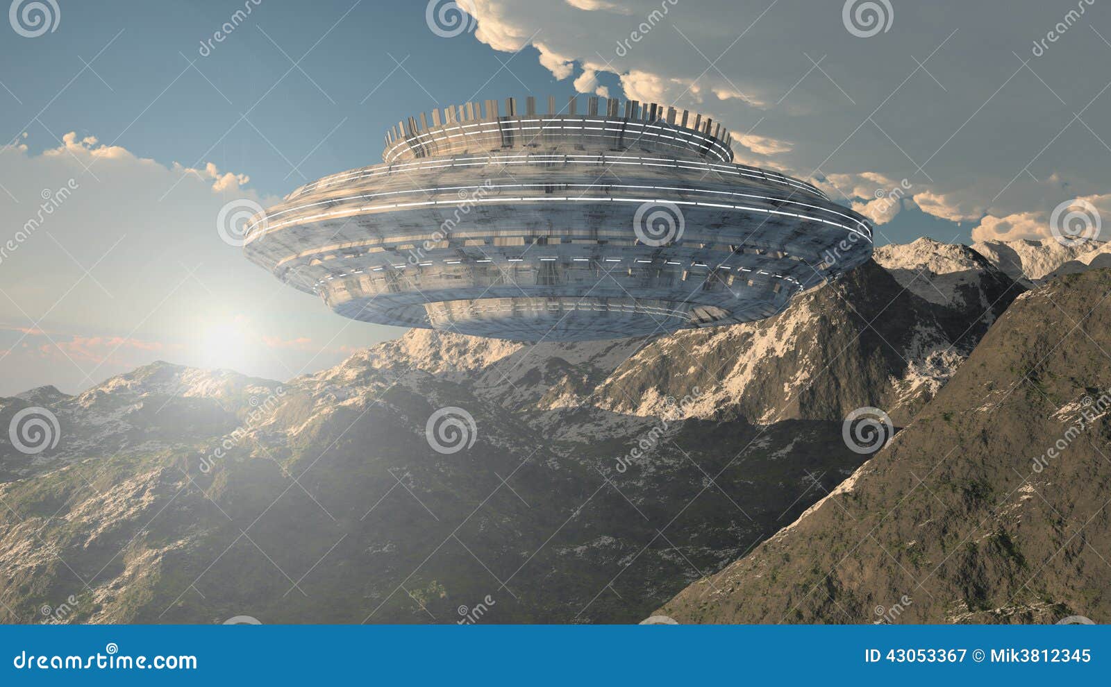 3d UFO and mountains stock illustration. Illustration of invasion ...