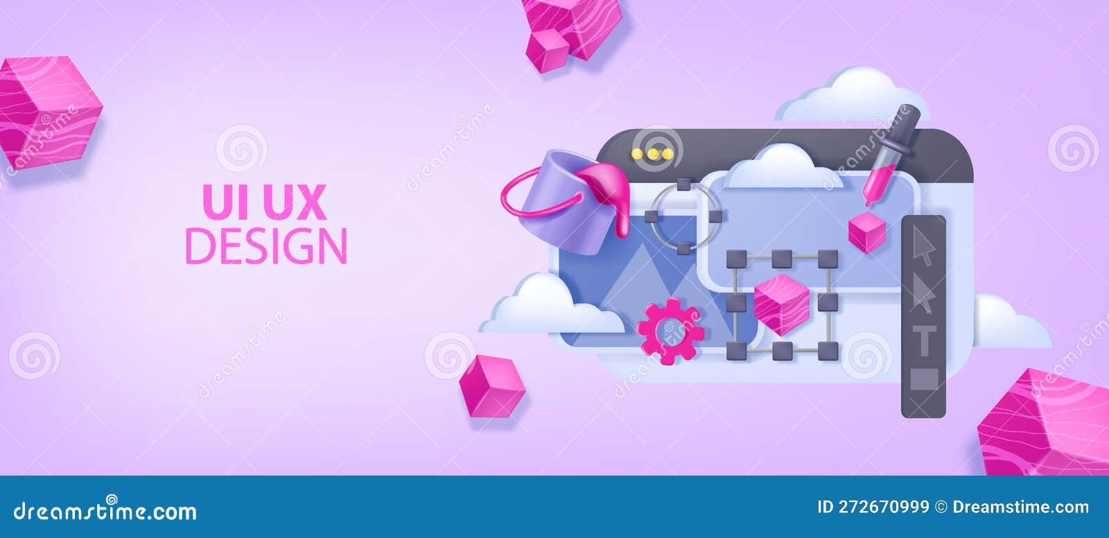 3D UX Design Banner, UI Web Page, Program Interface Concept, Cartoon ...